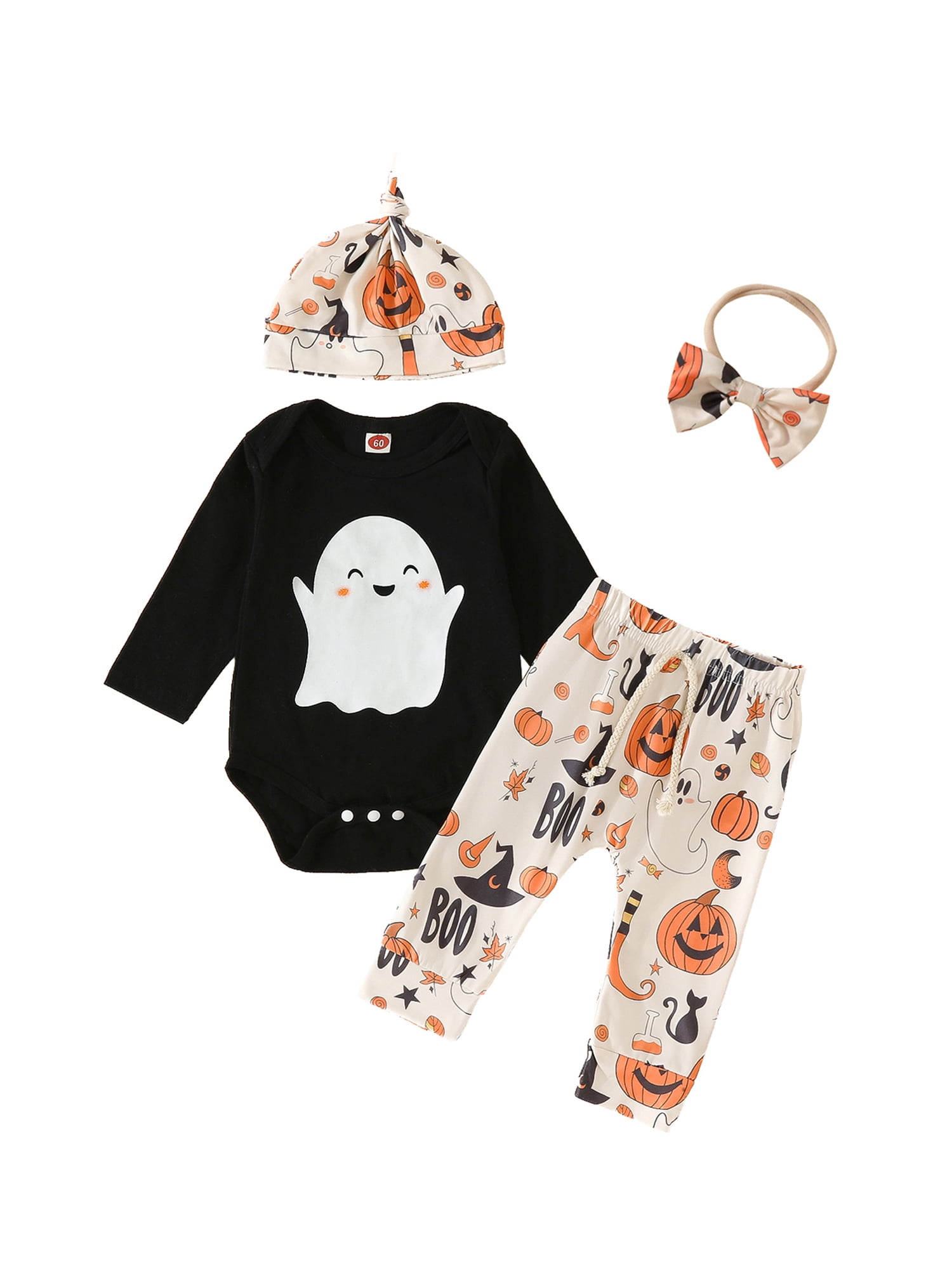 CenturyX Cute Baby Girls Halloween Romper with Ghost Pumpkin Print Pants, Hat, and Headband ...