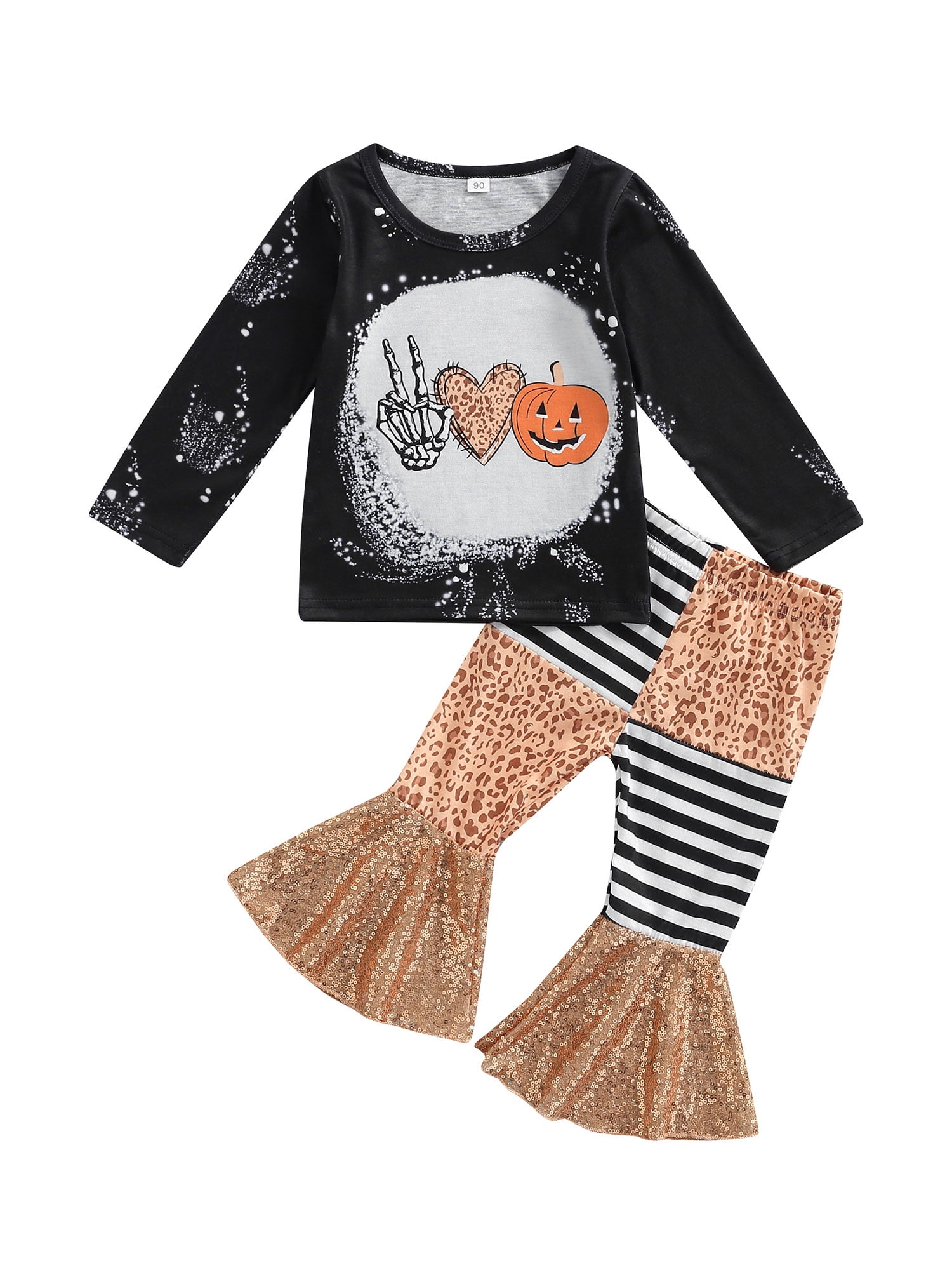 CenturyX Kids Baby Girls Halloween 2Pcs Outfits Pumpkin Letter Print Long Sleeve Tops Flared ...