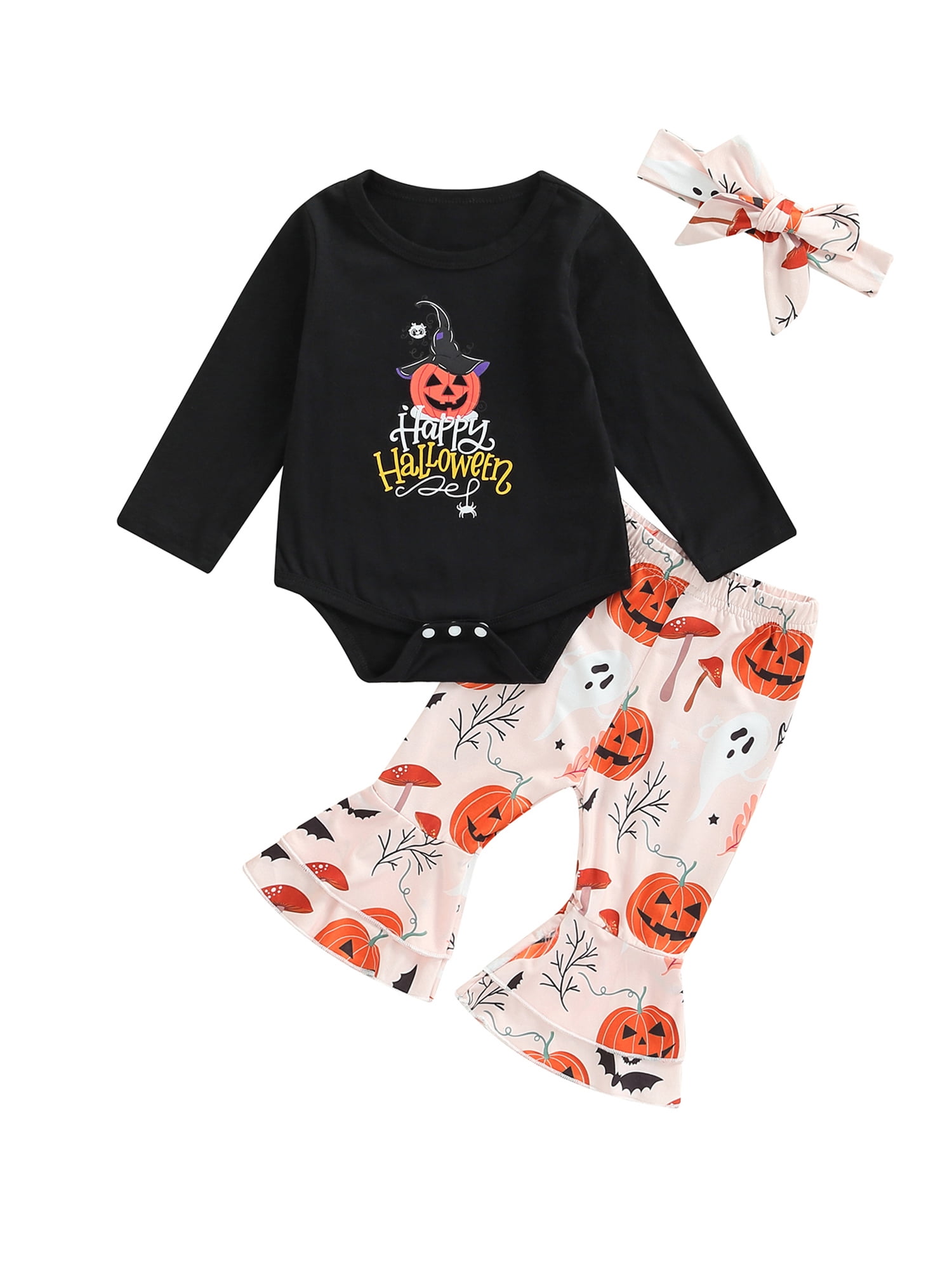 CenturyX Kids Baby Girls Halloween Suit Romper Set Pumpkin Letter Print Jumpsuit Flare Pants ...