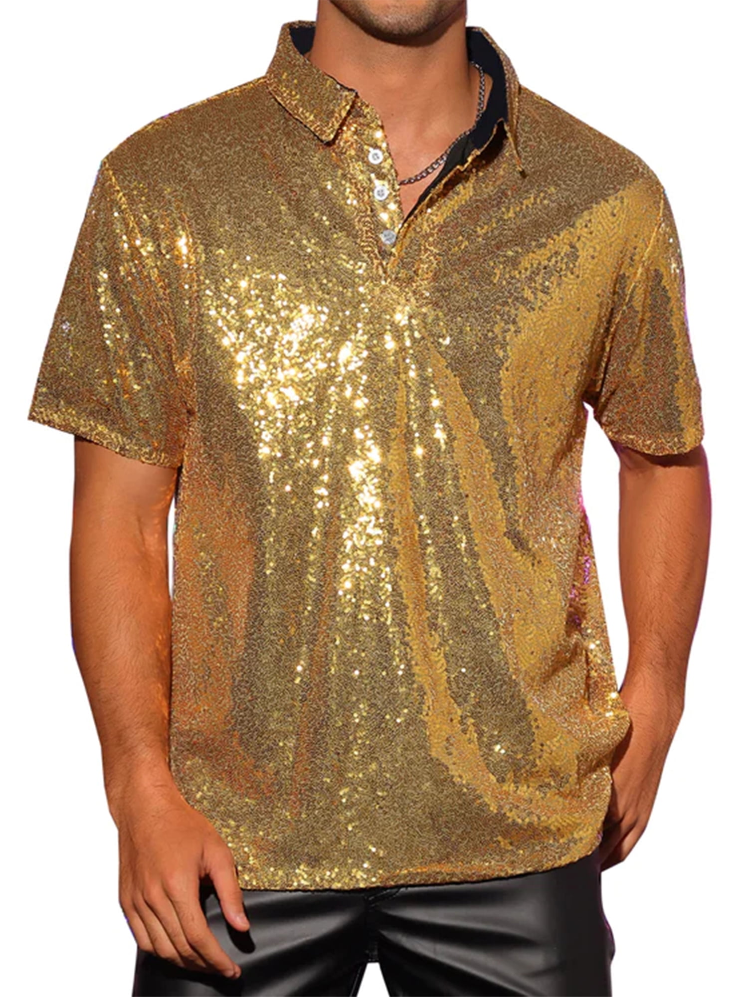 CenturyX Men's Sparkle Sequin Tops Summer Short Sleeve Party Polo Shirt Top 70s Disco Shiny T ...