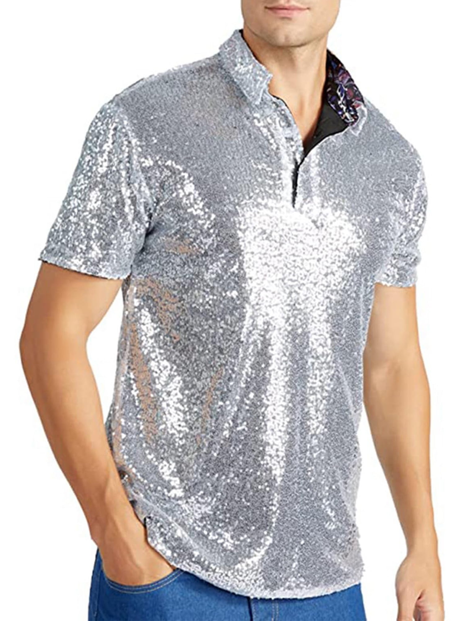 CenturyX Men's Sparkle Sequin Tops Summer Short Sleeve Party Polo Shirt Top 70s Disco Shiny T ...