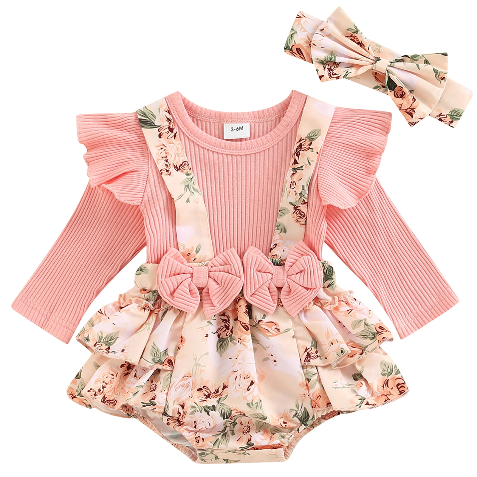 CenturyX Newborn Baby Girl Fall Clothes Infant Romper Floral Suspender Dress Ruffle Sleeve ...
