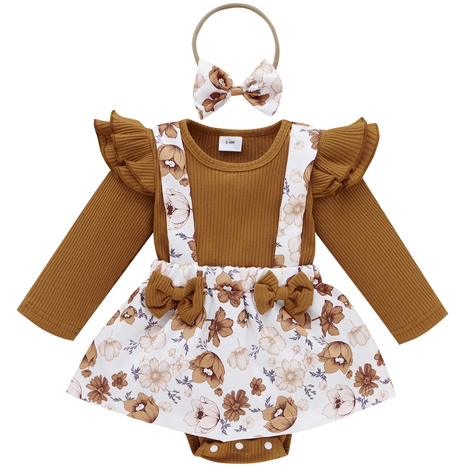 CenturyX Newborn Baby Girl Fall Clothes Infant Romper Floral Suspender Dress Ruffle Sleeve ...