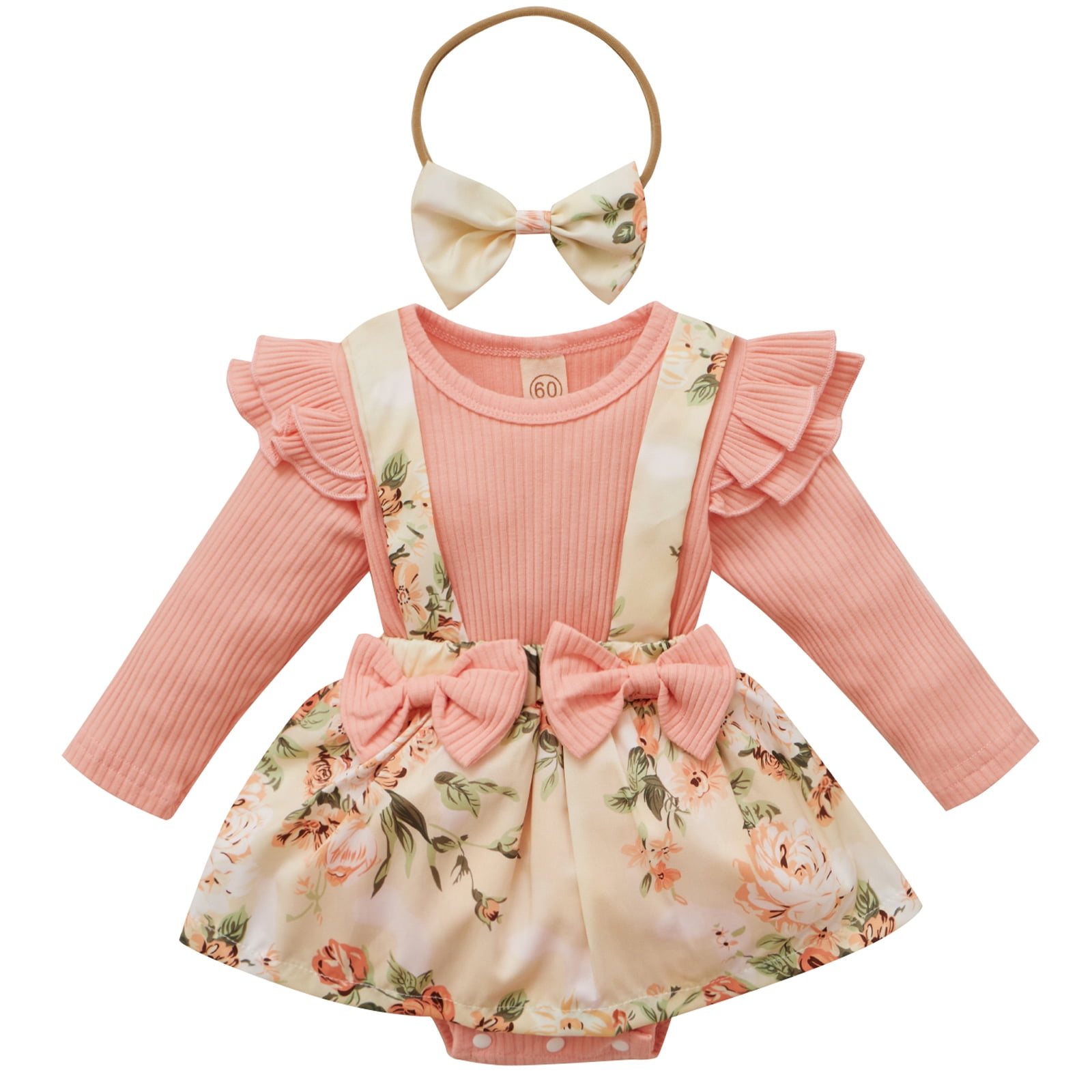CenturyX Newborn Baby Girl Fall Clothes Infant Romper Floral Suspender Dress Ruffle Sleeve ...
