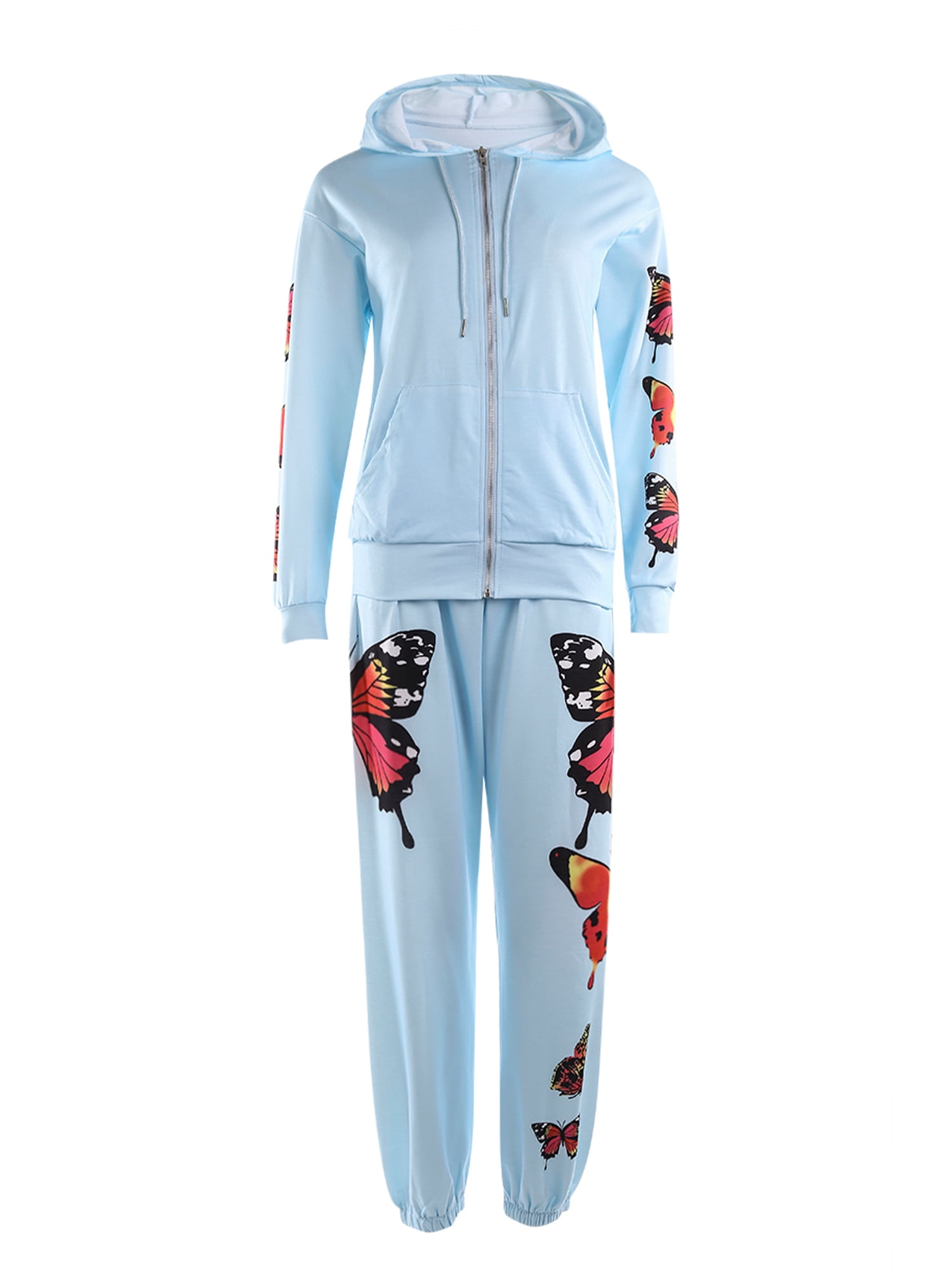 CenturyX Women Tracksuit Butterfly Printed Sport Set Zipper Up Hooded ...