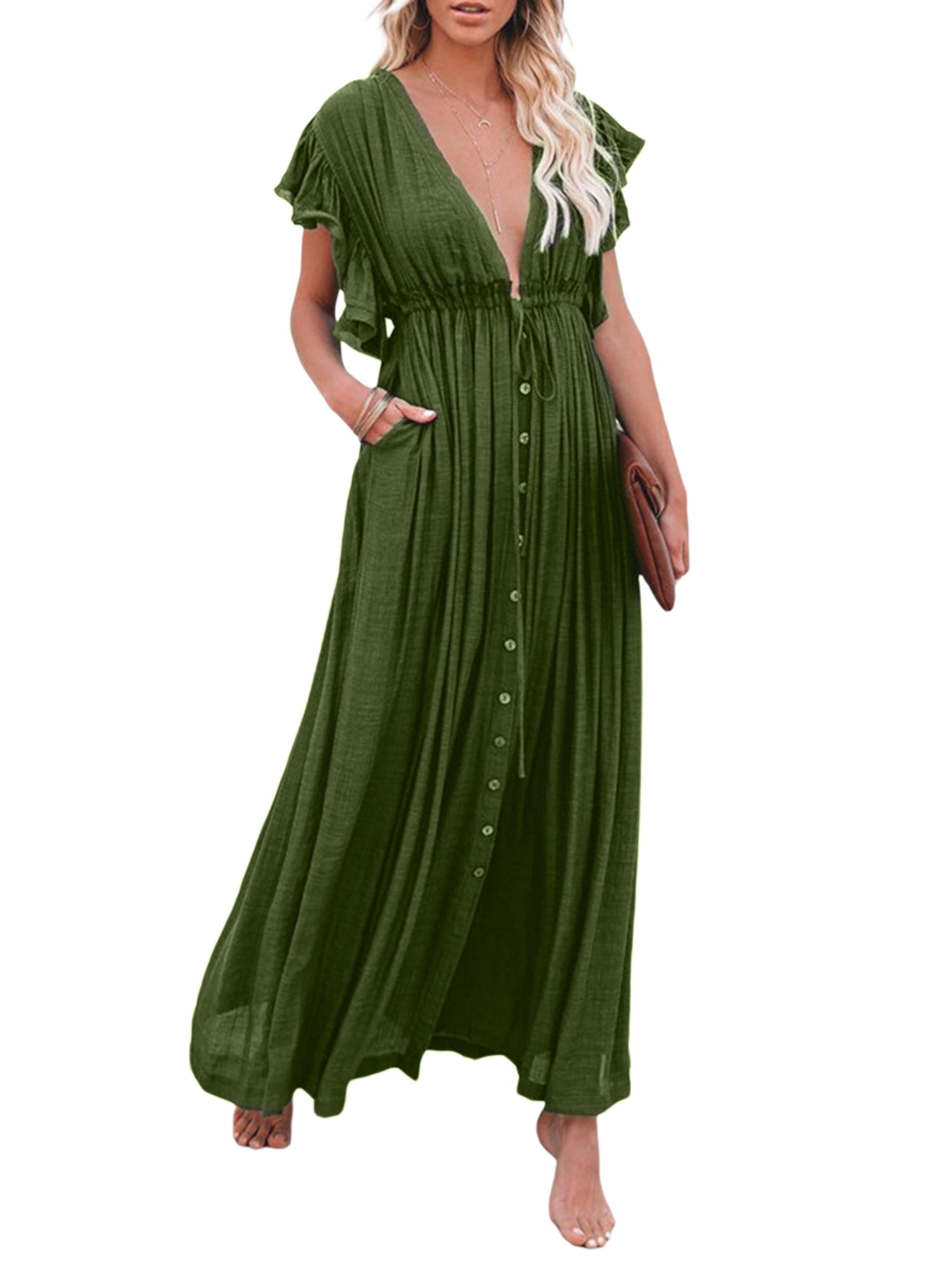 CenturyX Women's Bohemian Solid Color Wrap V Neck Short Sleeve Ruffle ...