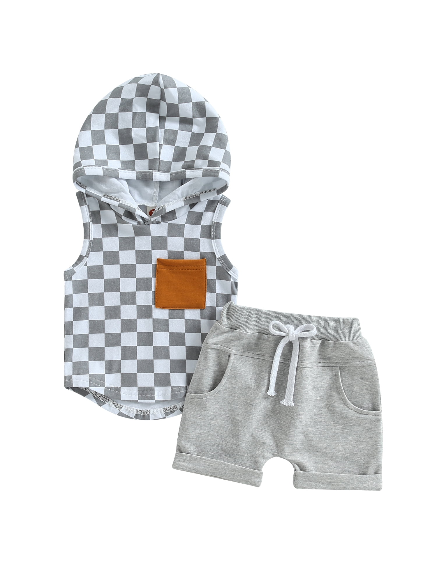 Cenuakty Baby Boy Summer Outfits Checkerboard Print Sleeveless Hoodie T ...