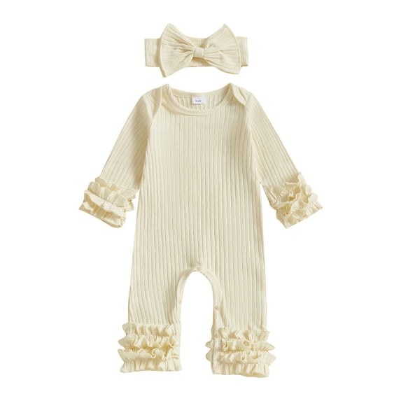Cenuakty Girl Romper Preemie Solid Color Ribbed Ruffled Long Sleeve ...