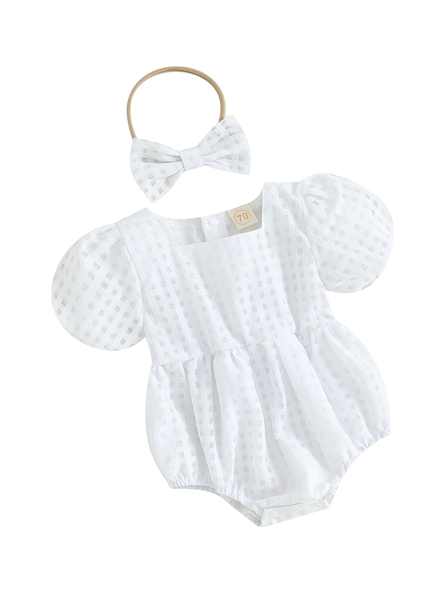 Cenuakty Infant Baby Girl Summer Jumpsuit Mesh Plaid Short Puff Sleeve ...
