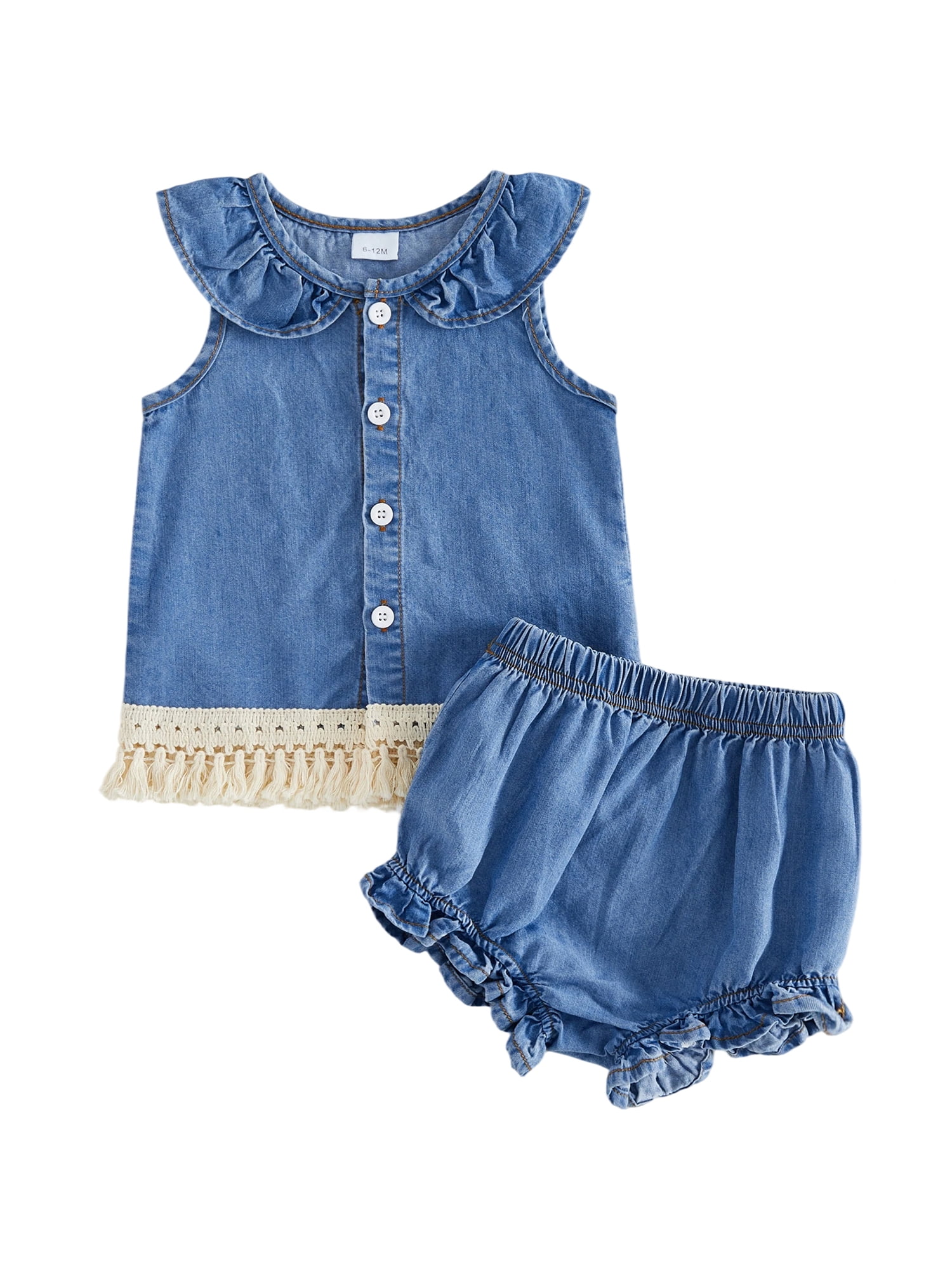 Cenuakty Toddler Girls Summer Denim Outfits Doll Collar Sleeveless ...