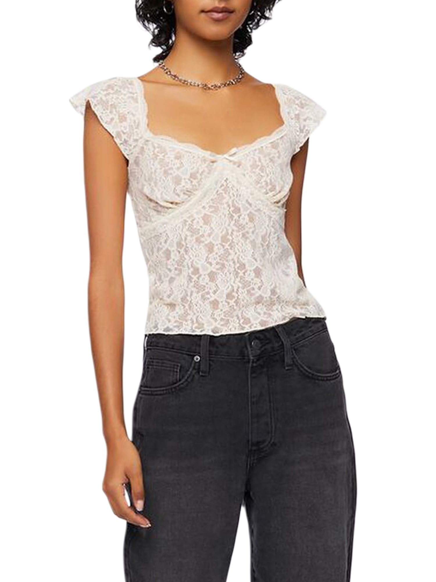 Cenuakty Women Cap Sleeve T-Shirts Casual Floral Lace Basic Crop Tops ...