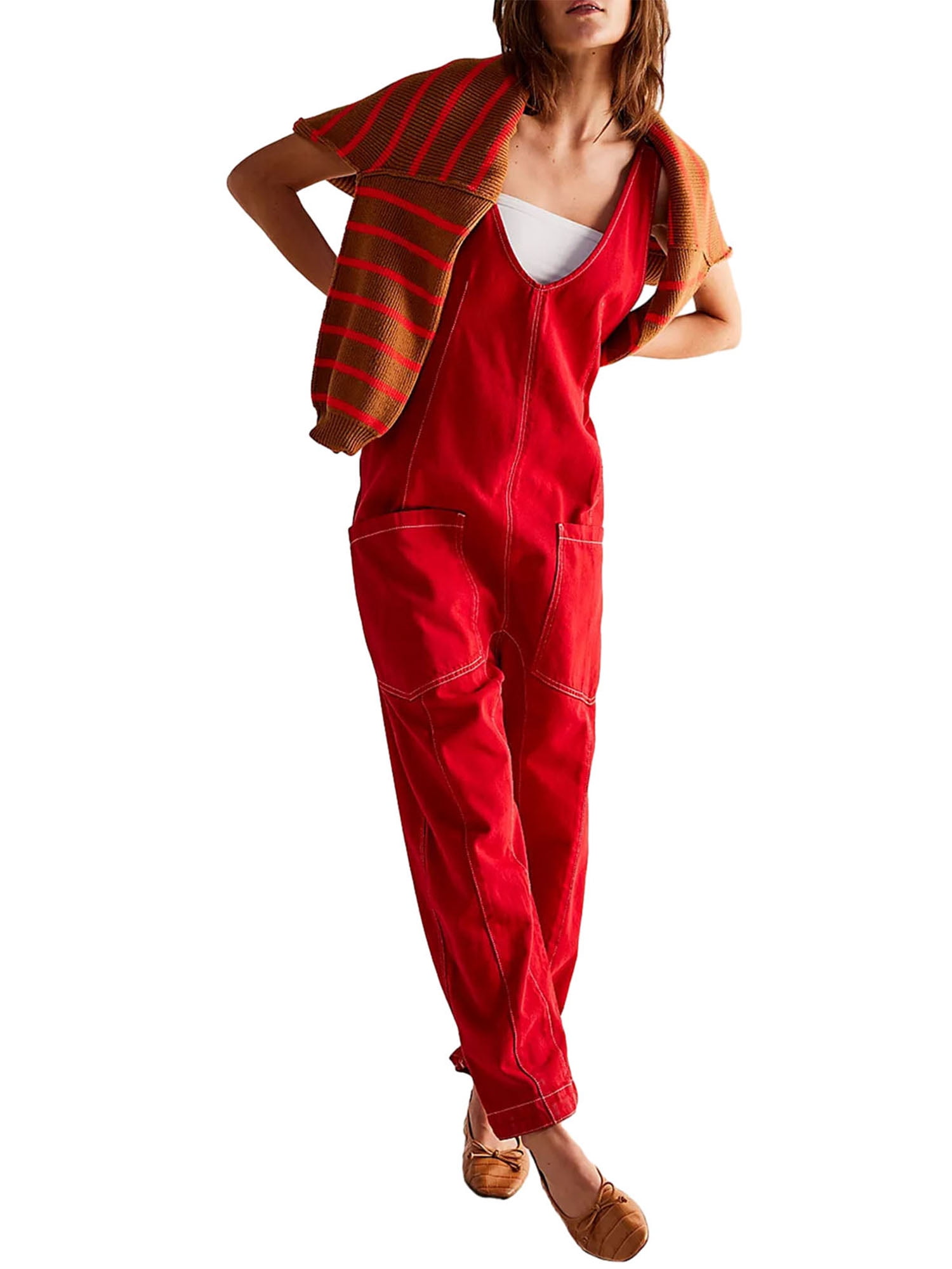 Cenuakty Women Denim Bib Overalls Solid Color Loose Straight Leg ...