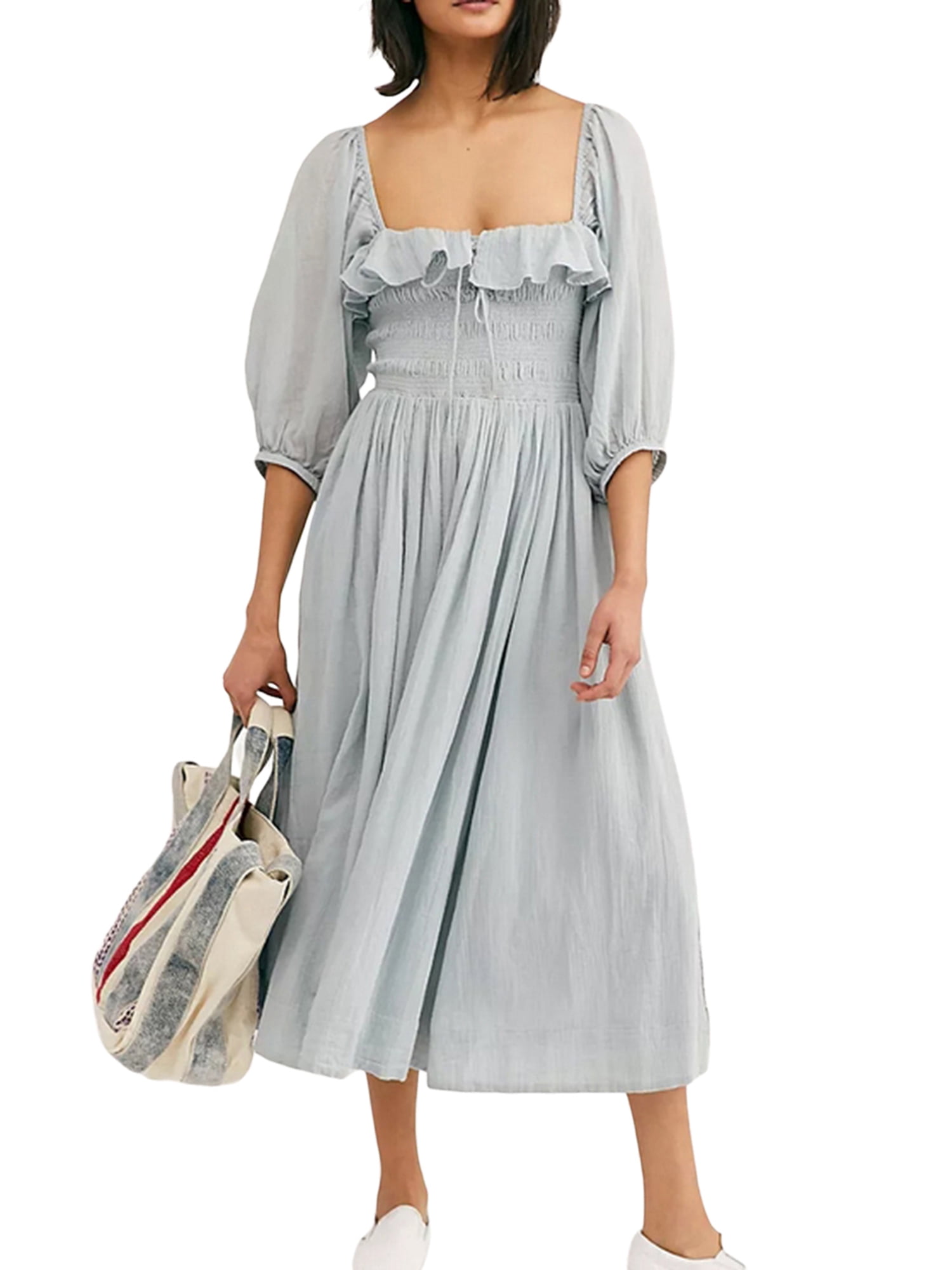 Cenuakty Women Fairycore Long Dress Elegant Square Neck Ruffles Solid ...