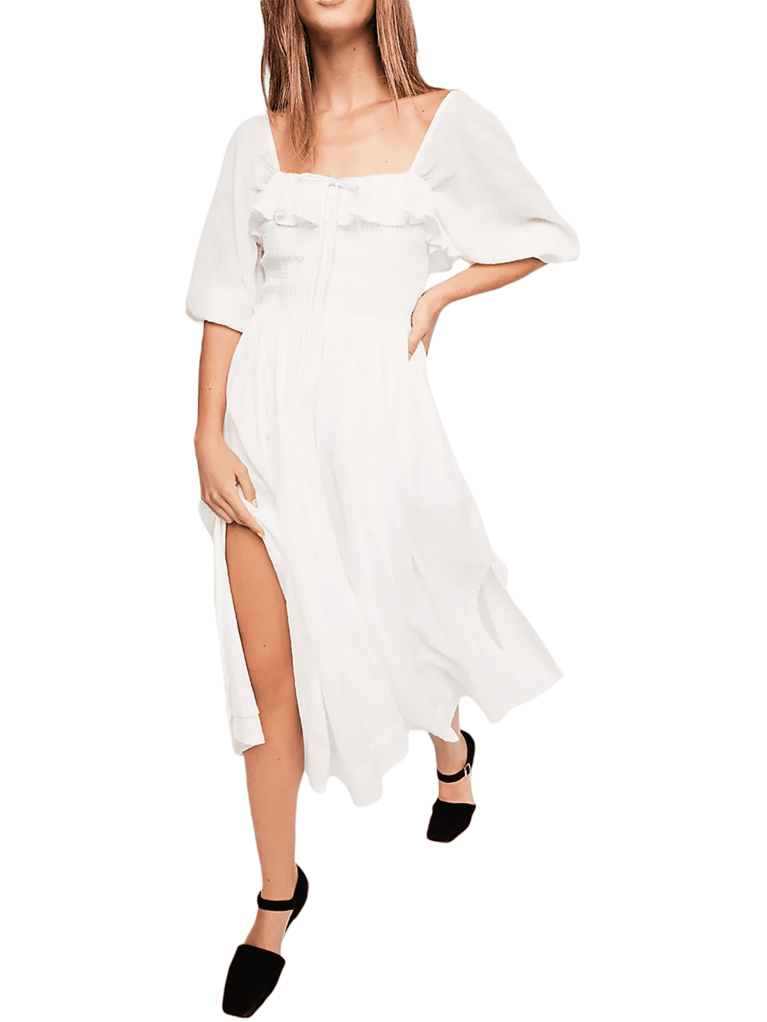 Cenuakty Women Fairycore Long Dress Elegant Square Neck Ruffles Solid ...