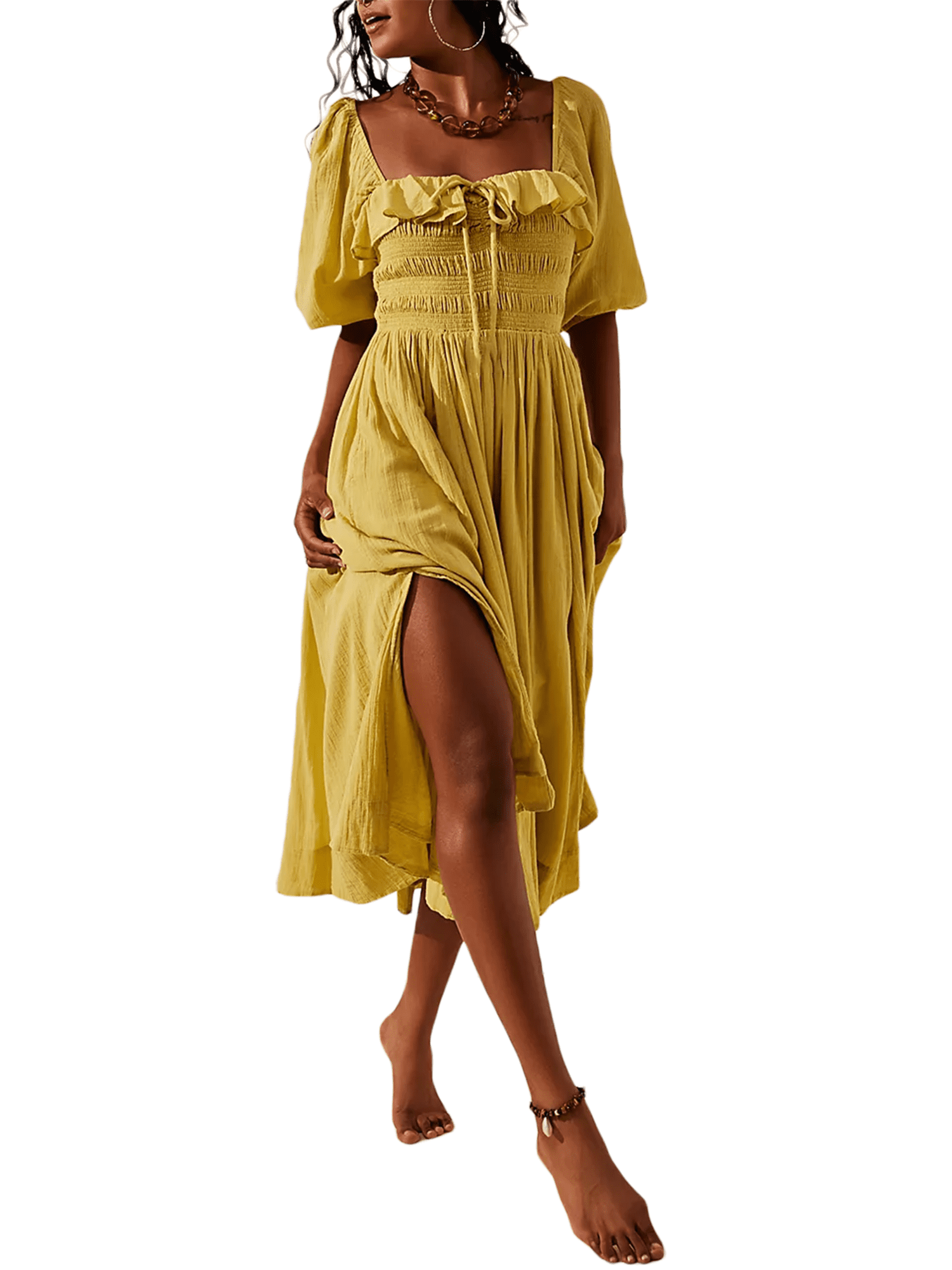 Cenuakty Women Fairycore Long Dress Elegant Square Neck Ruffles Solid ...