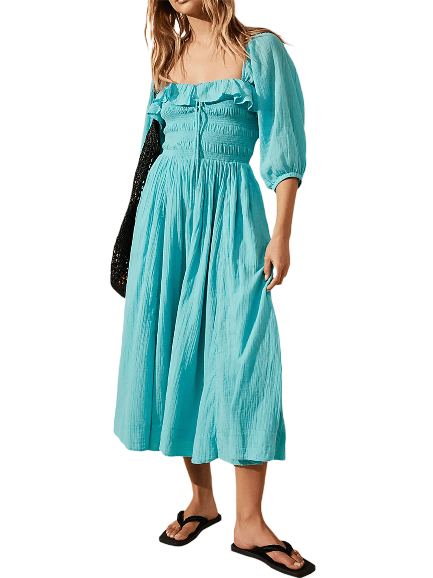 Cenuakty Women Fairycore Long Dress Elegant Square Neck Ruffles Solid ...