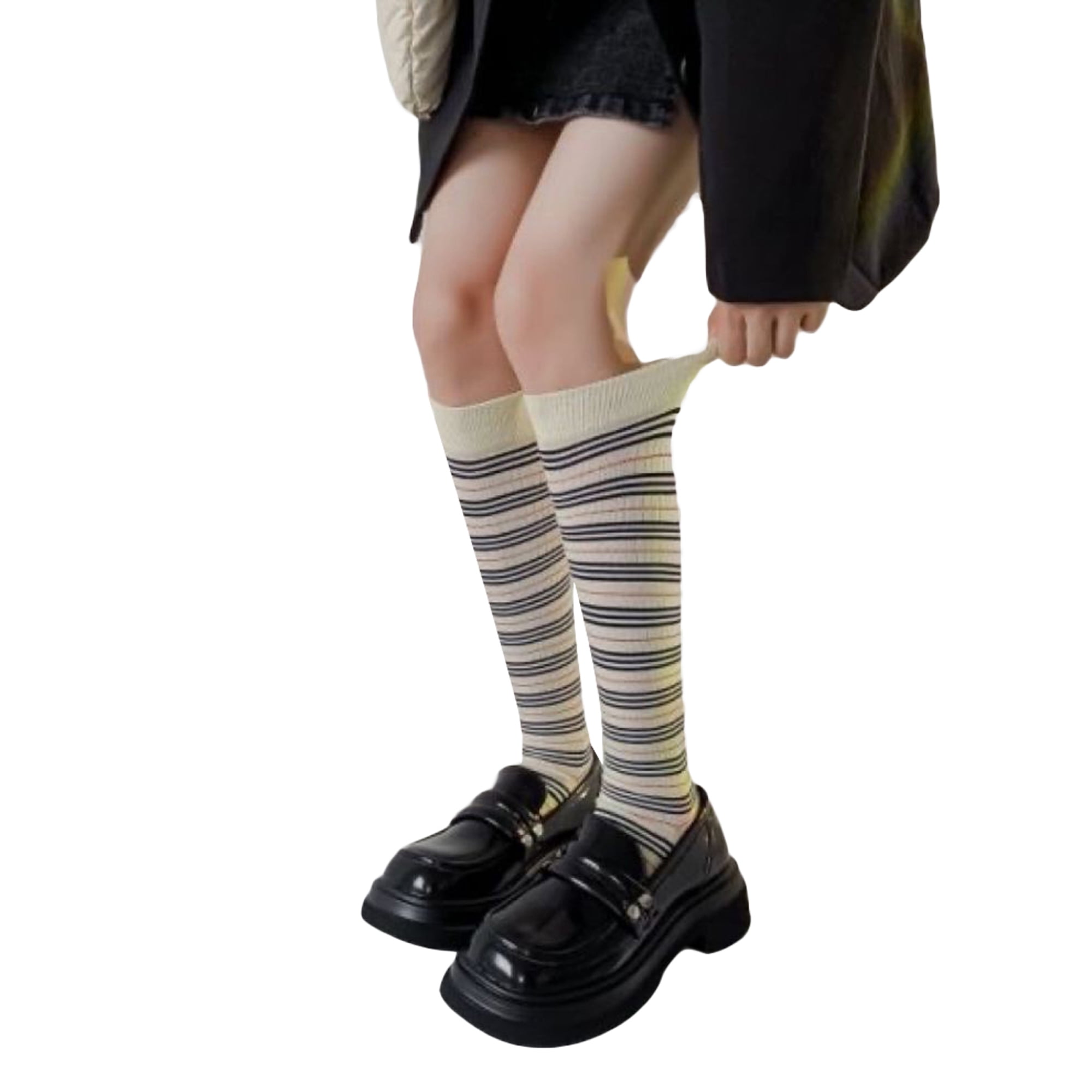 Cenuakty Women Knee High Socks Retro Striped Print Soft Elastic Tube ...