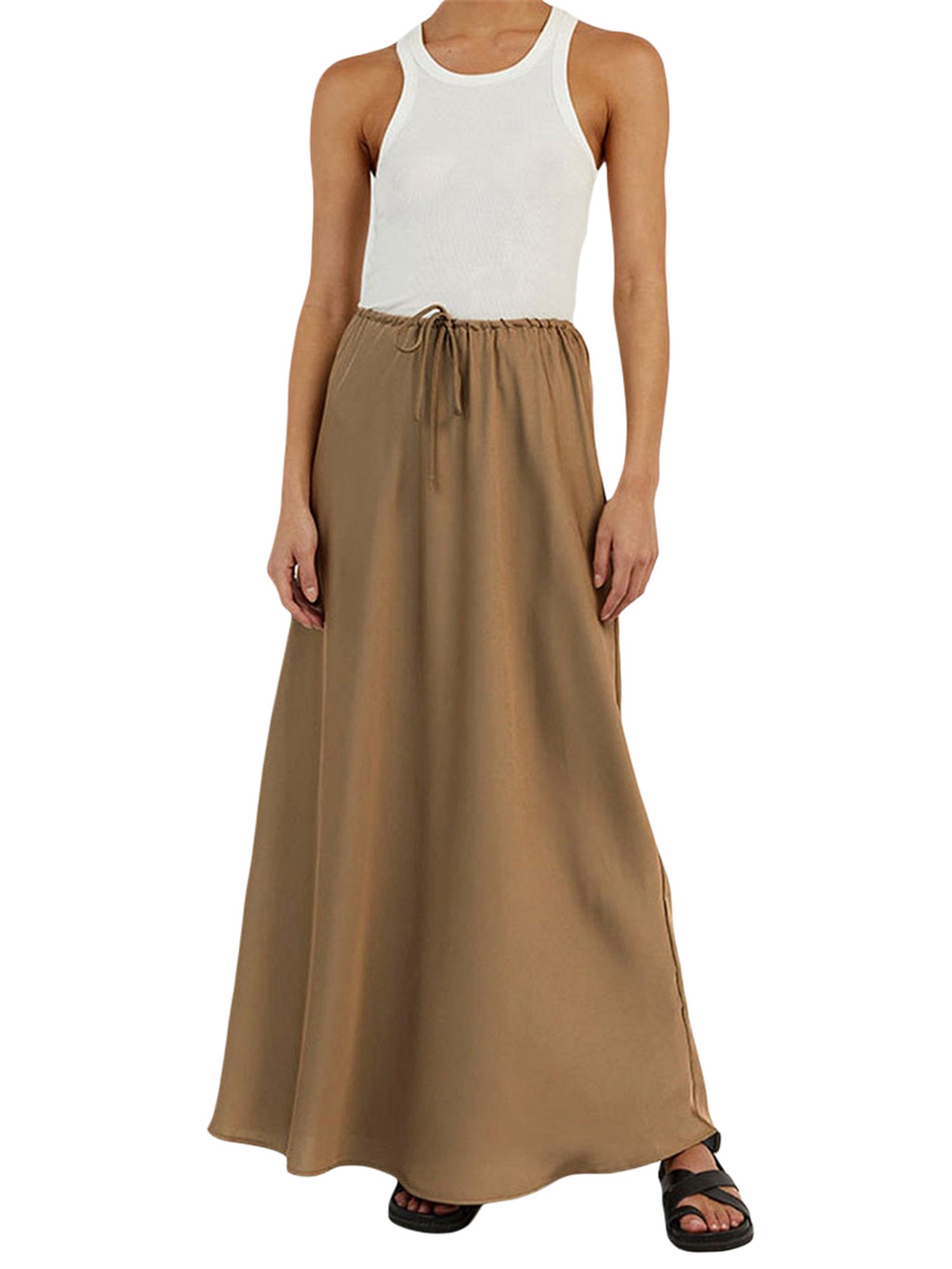 Cenuakty Women Satin Long Skirt Solid Color Summer Casual Drawstring ...