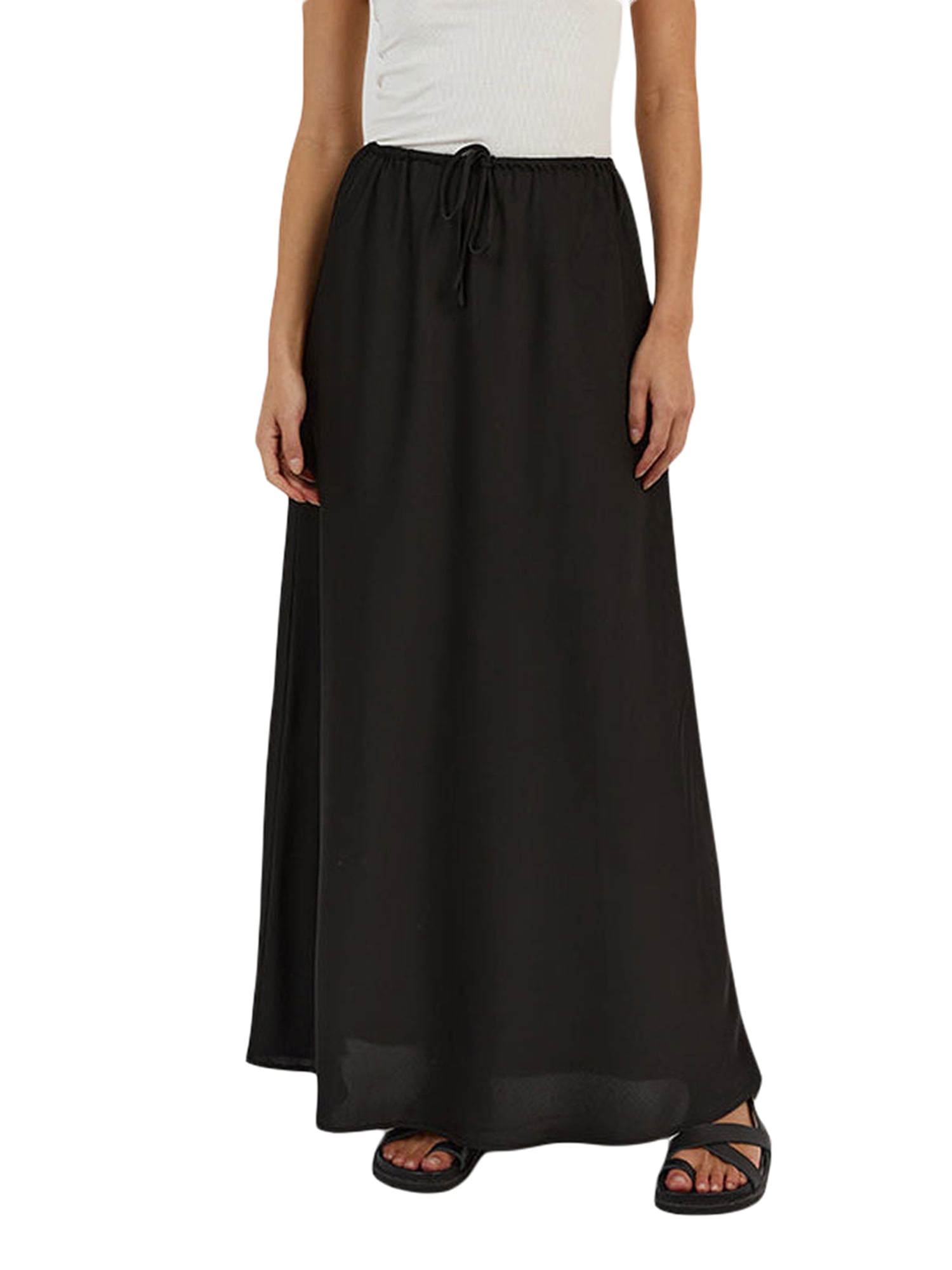 Cenuakty Women Satin Long Skirt Solid Color Summer Casual Drawstring ...