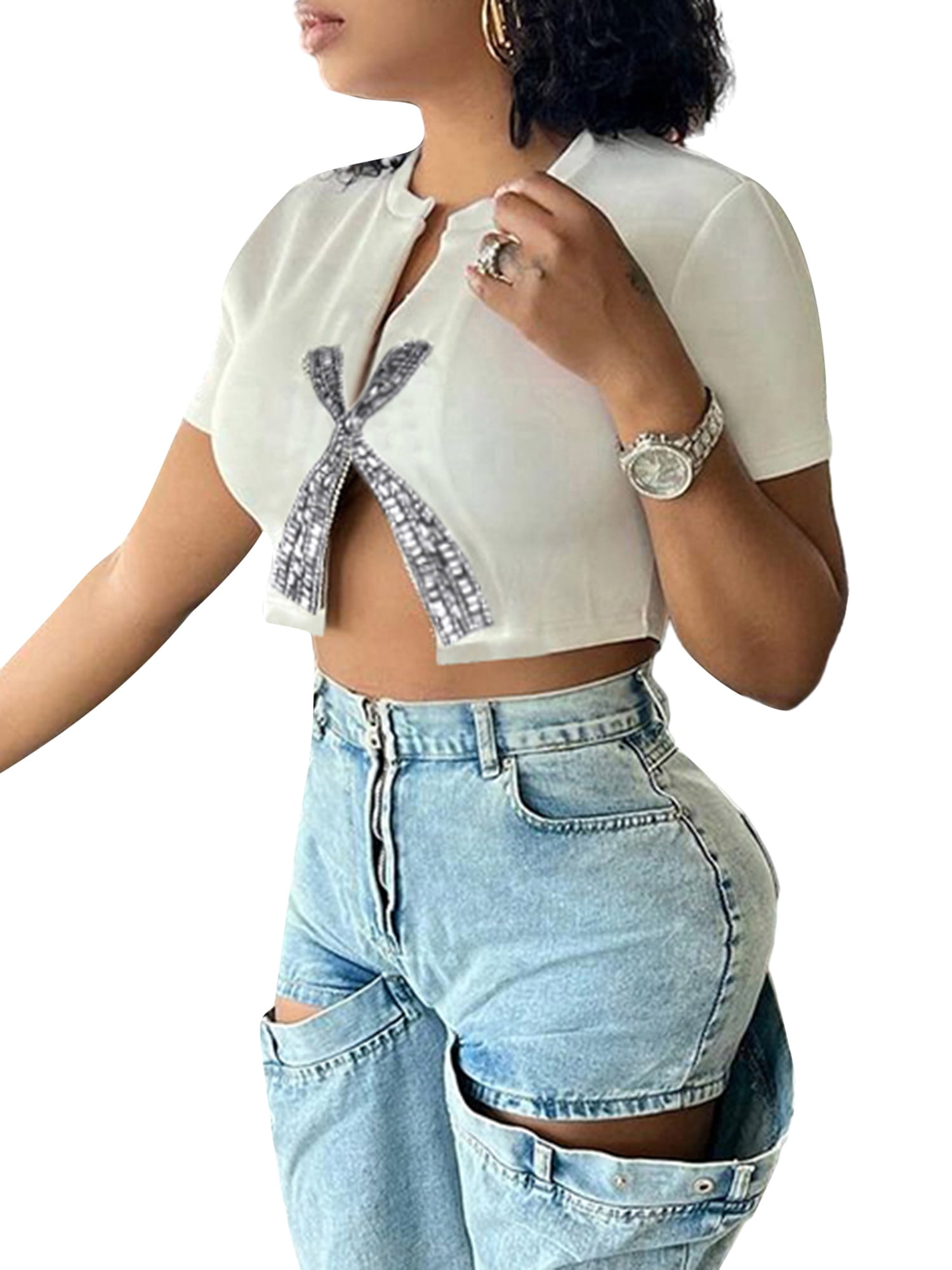 Cenuakty Women Short Sleeve Summer Slim Casual Crop Tops Rhinestone ...