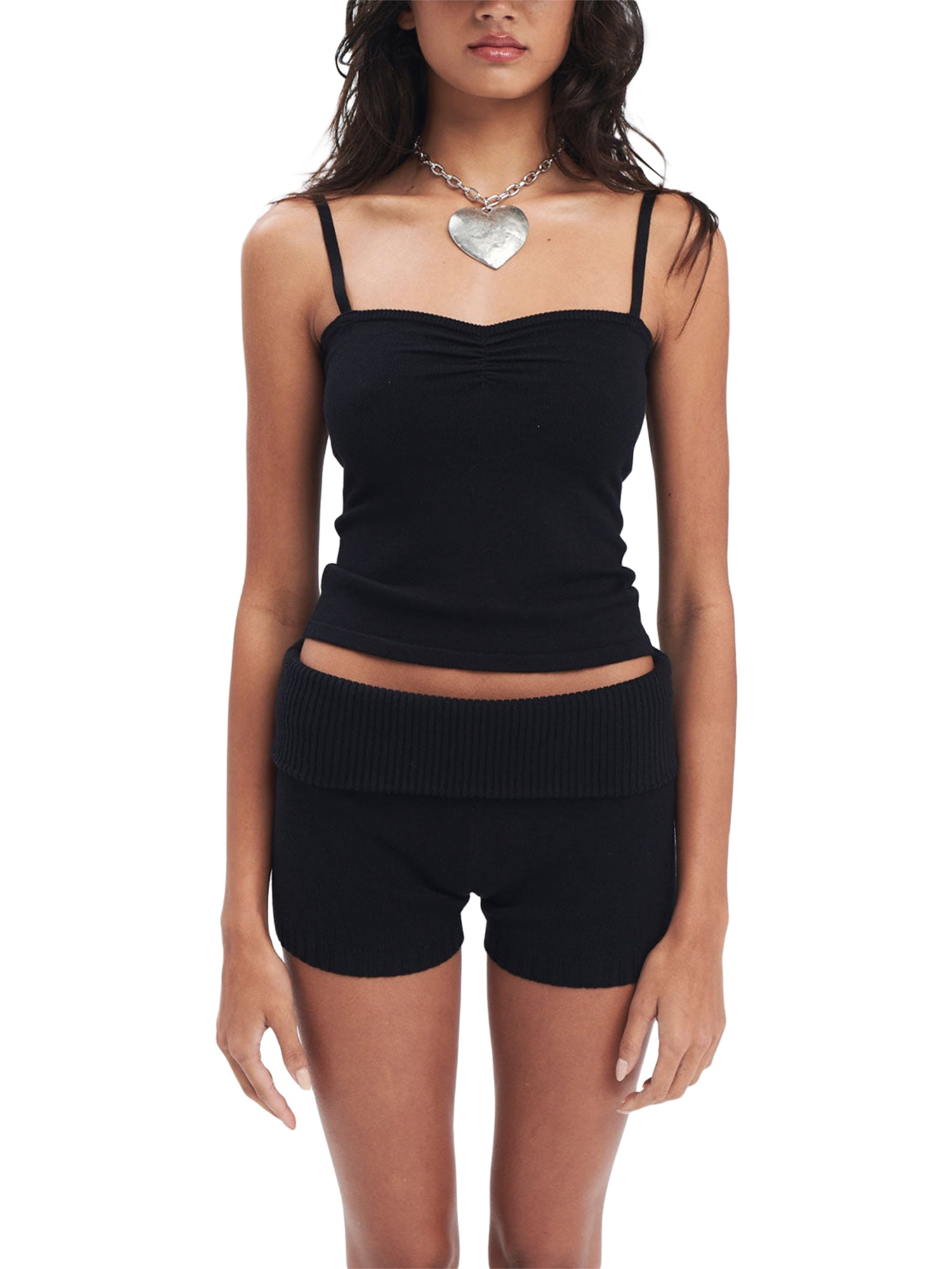 Cenuakty Women Shorts Set, Spaghetti Straps Camisole with Rolled ...