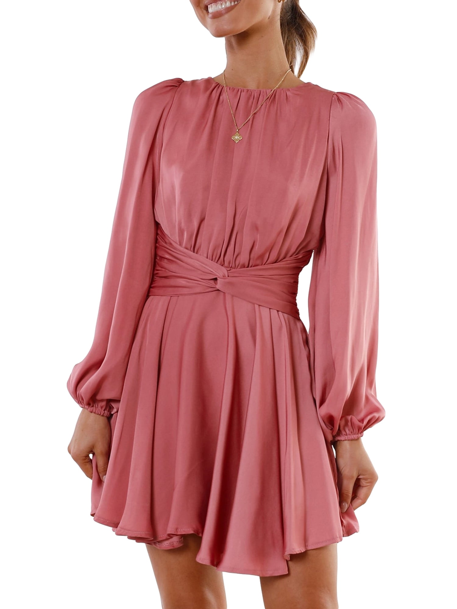 Cenuakty Women Spring Casual A Line Dress Solid Color Round Neck Long