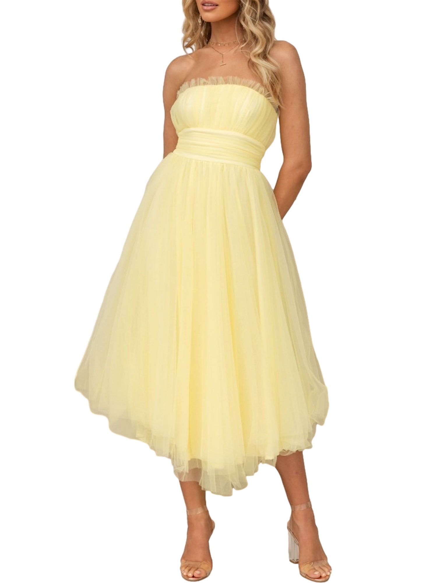 Cenuakty Women Strapless Tulle Dress Solid Color Summer Backless Party ...