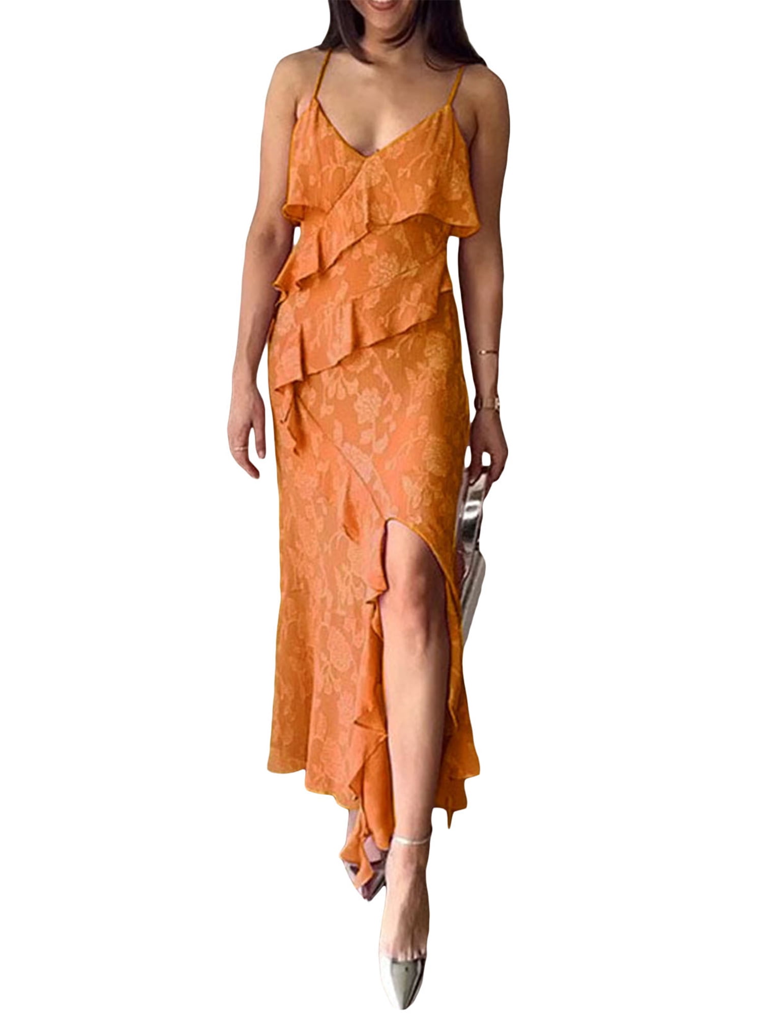 Cenuakty Women Summer Ruffled Dress Floral Jacquard V Neck Sleeveless ...