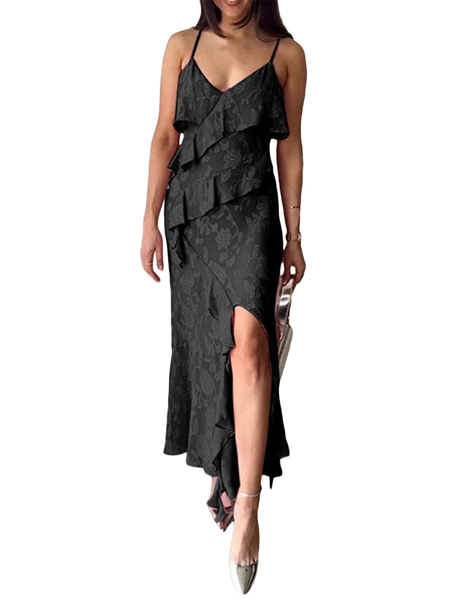 Cenuakty Women Summer Ruffled Dress Floral Jacquard V Neck Sleeveless ...