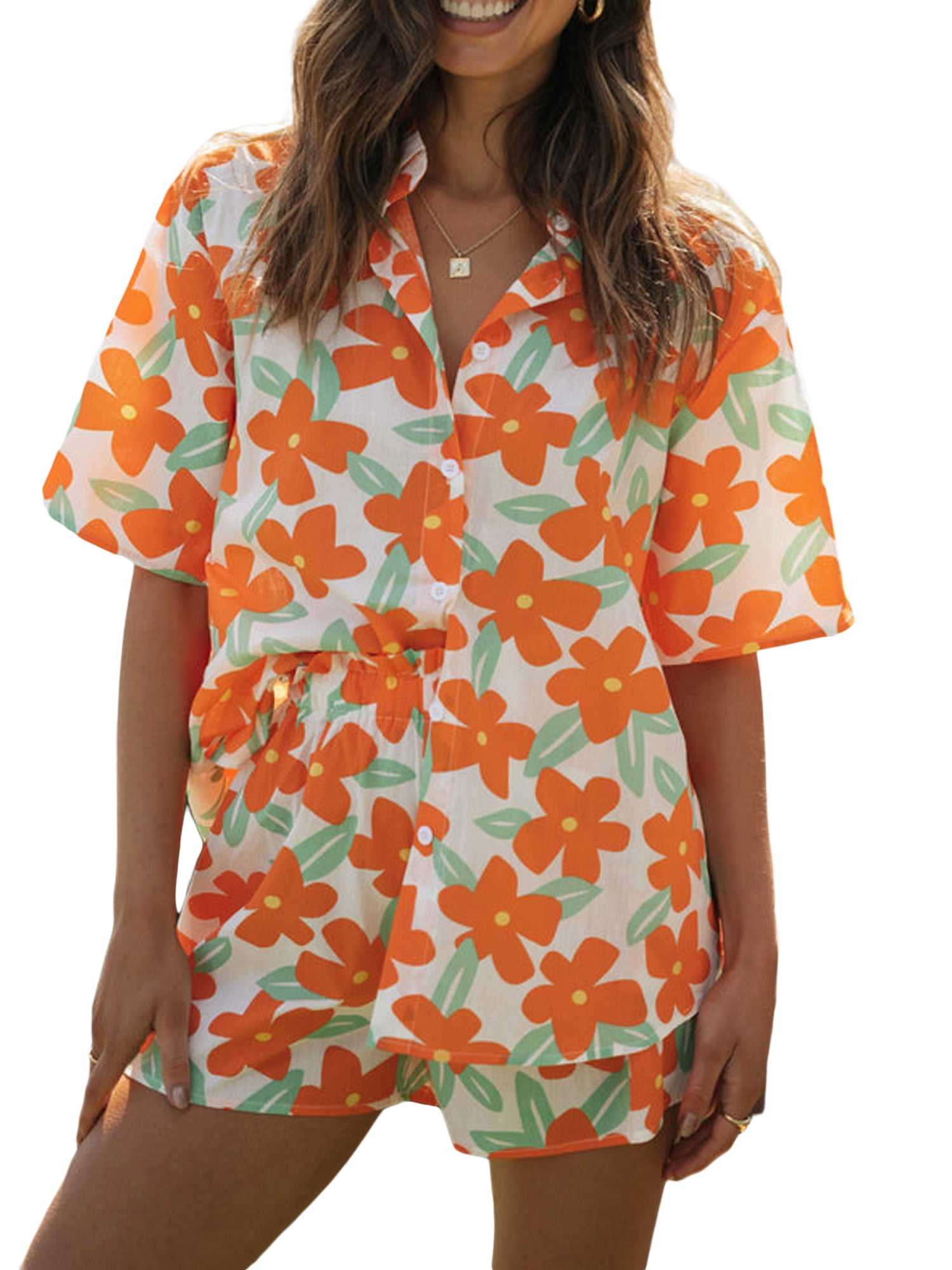 Cenuakty Women Summer Shorts Outfits Flower Print Turn-Down Collar ...