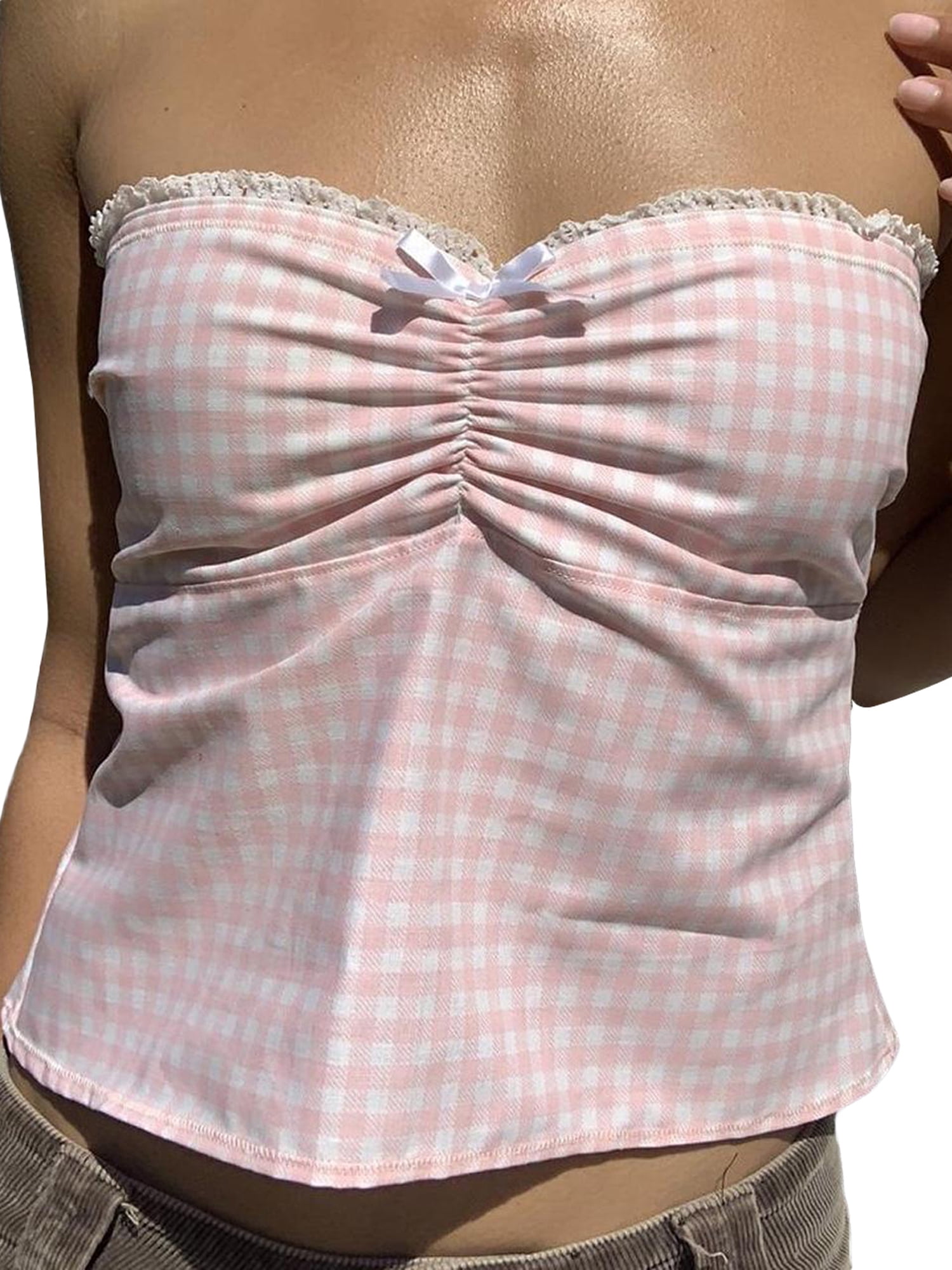 Cenuakty Women Tube Top, Strapless Backless Tie-up Plaid/Floral Summer ...