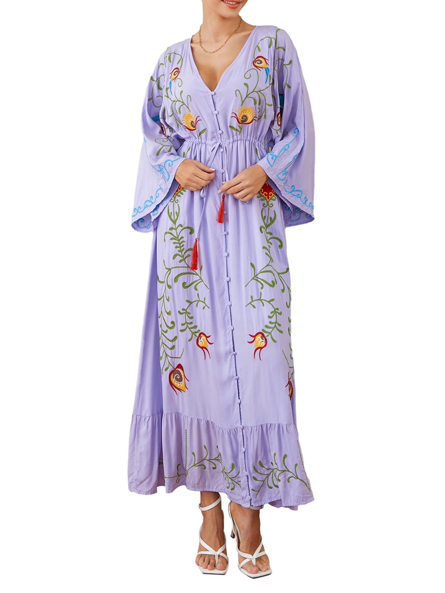 Cenuakty Women’s Bohemian Dress Long Sleeve Drawstring Waist Button ...