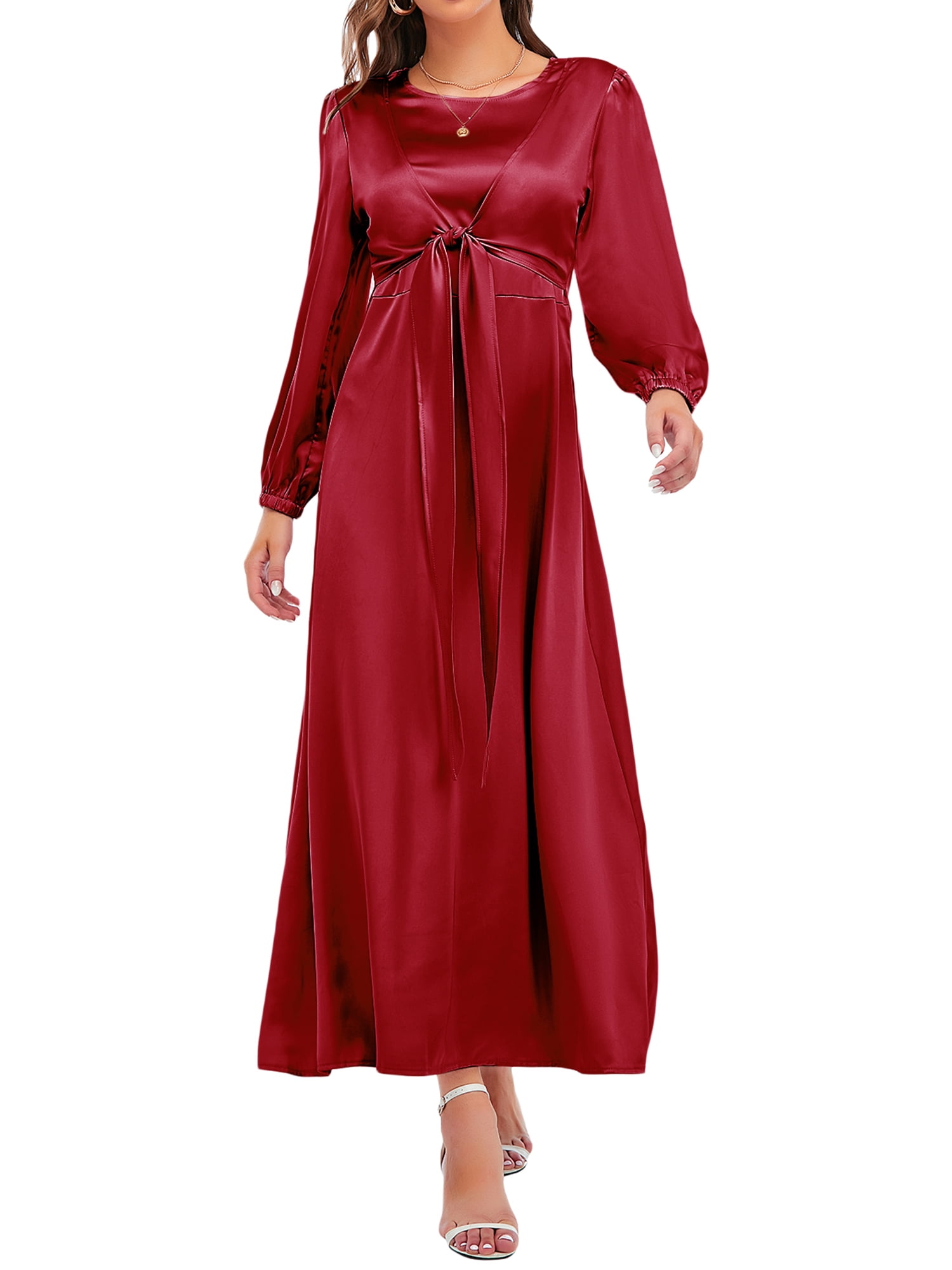 Cenuakty Women's Fall Midi Dress Long Sleeve Tie Knot Front Solid Color ...