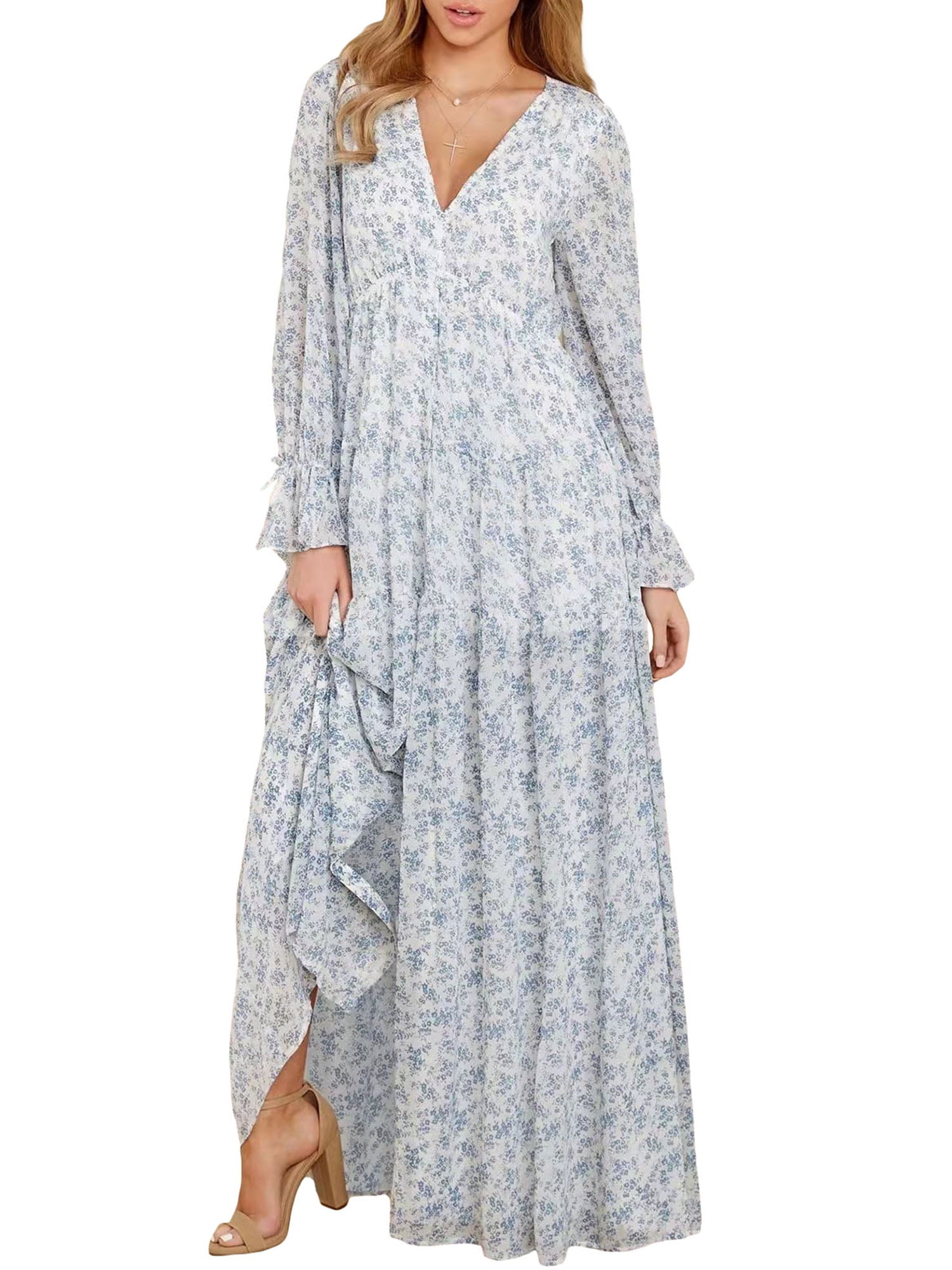 Cenuakty Women's Flower Print Long Dress Ruffled Long Sleeve V-Neck ...