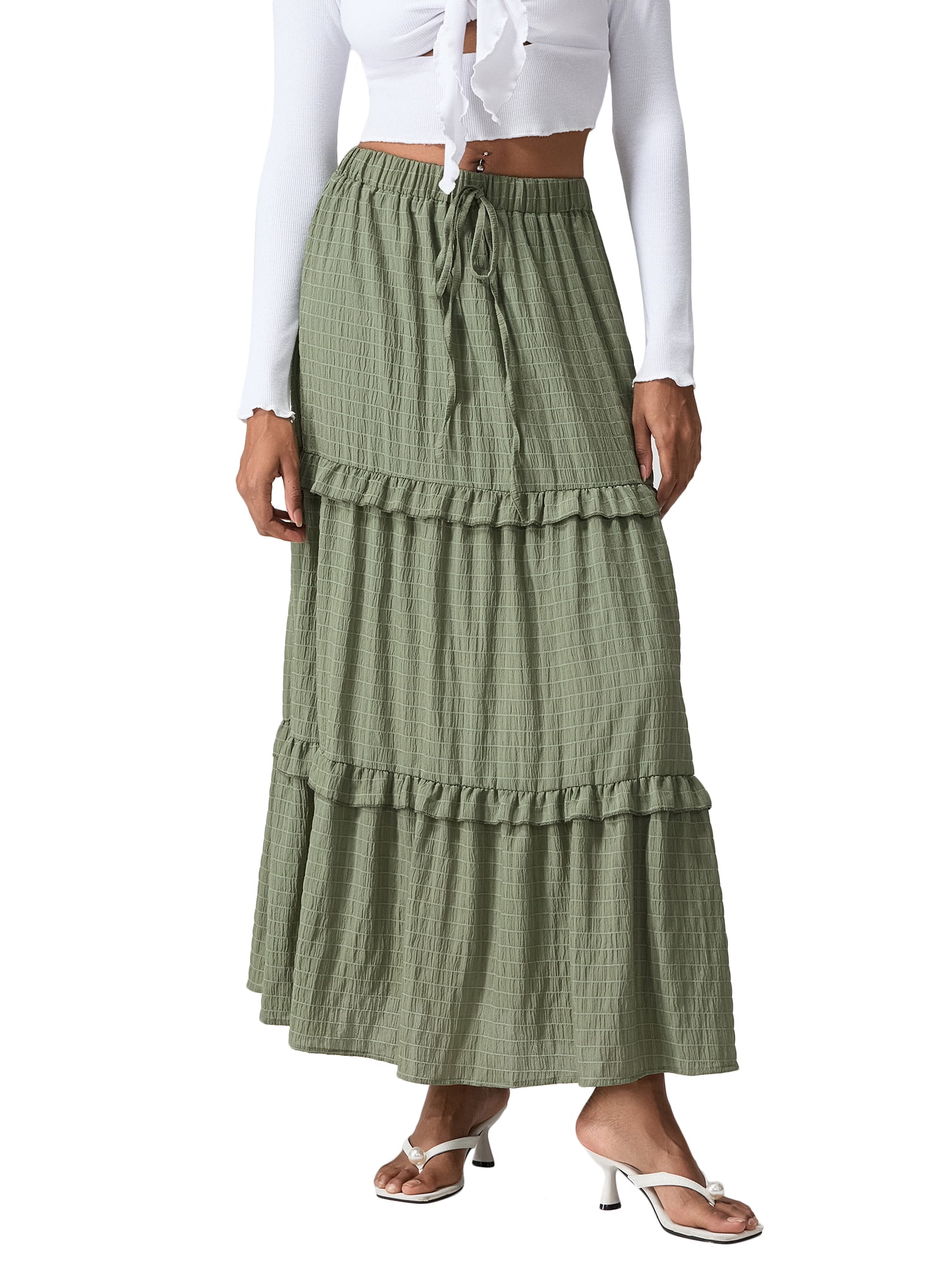 Cenuakty Women's Long Tiered Ruffled Skirt Casual Shirred Frill Trim ...