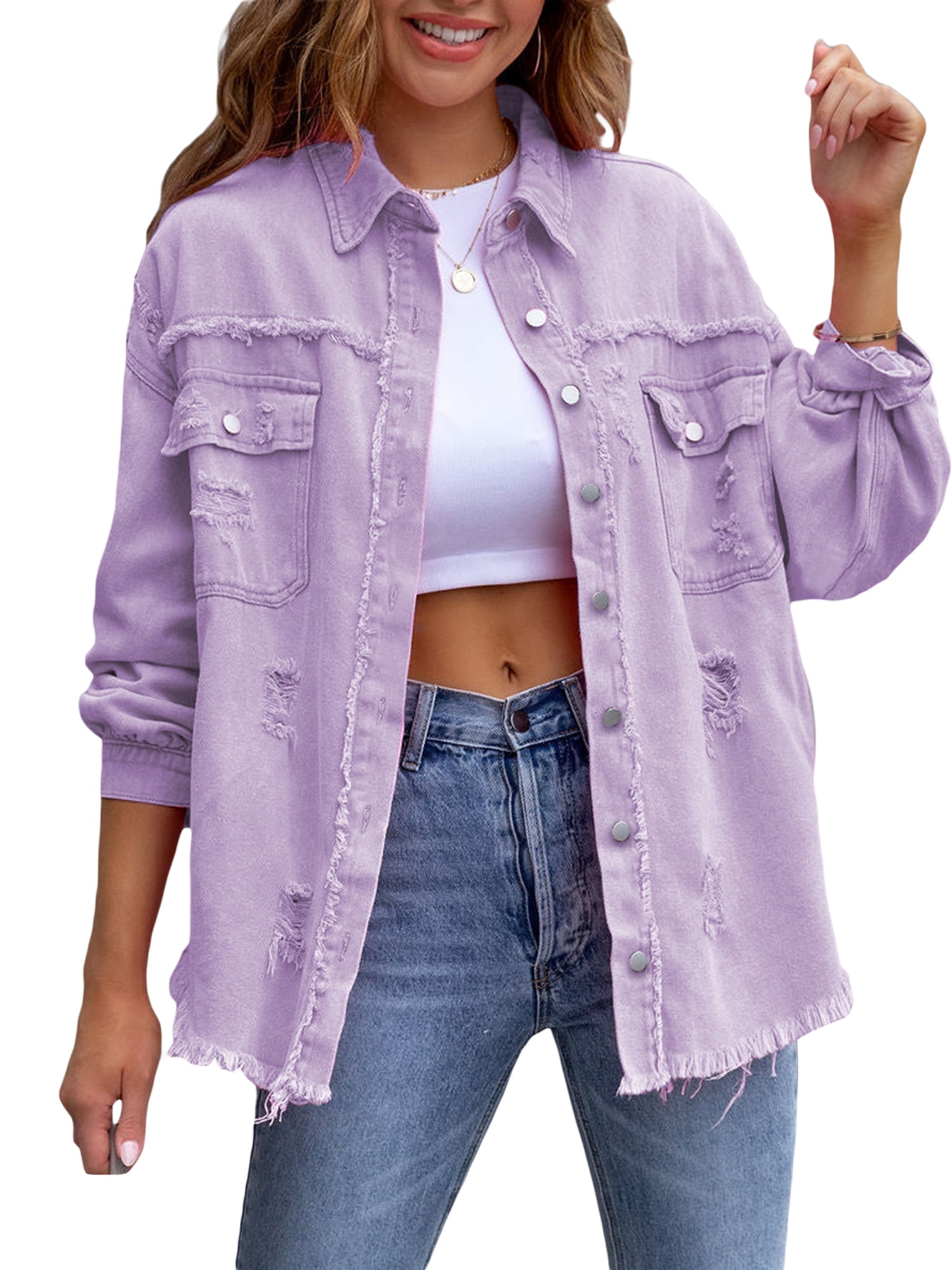Cenuakty Women's Ripped Distressed Denim Jacket Long Sleeve Button Down ...