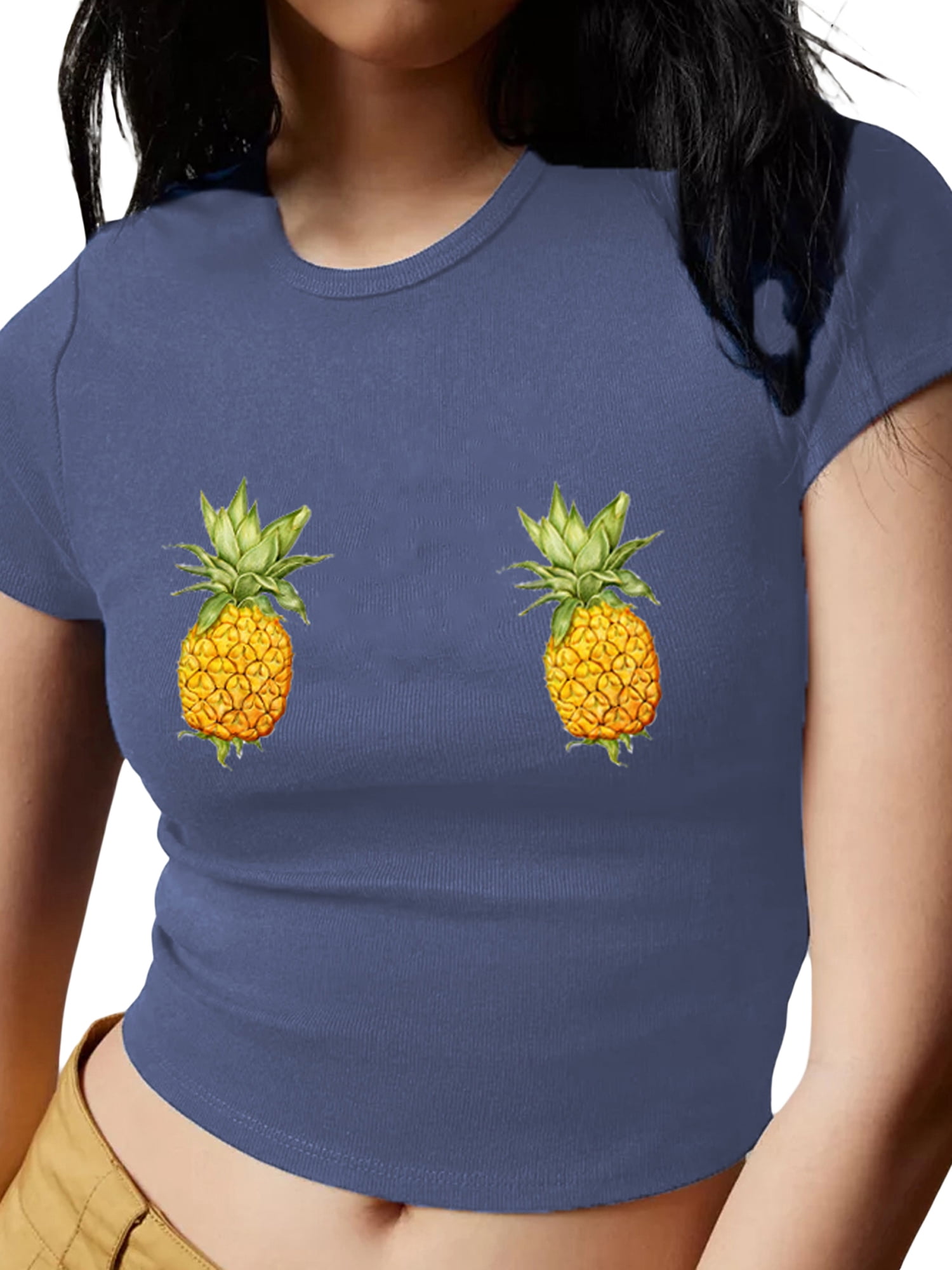 Cenuakty Women's Round Neck Short Sleeve Crop Tops Tight Fitted Cute ...