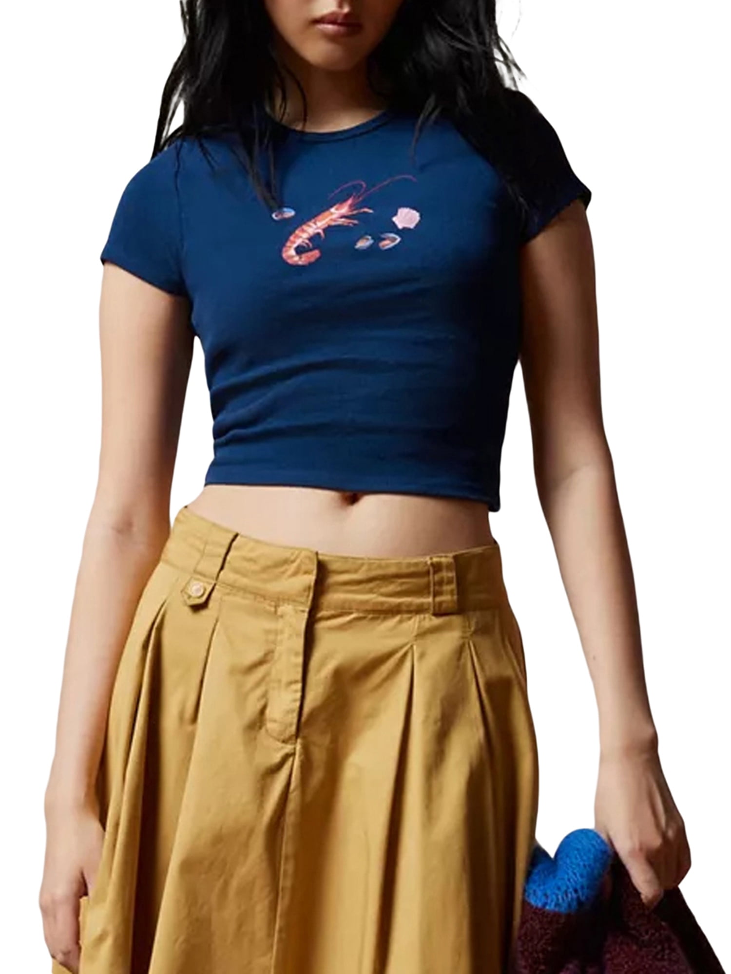 Cenuakty Women's Round Neck Short Sleeve Crop Tops Tight Fitted Cute ...