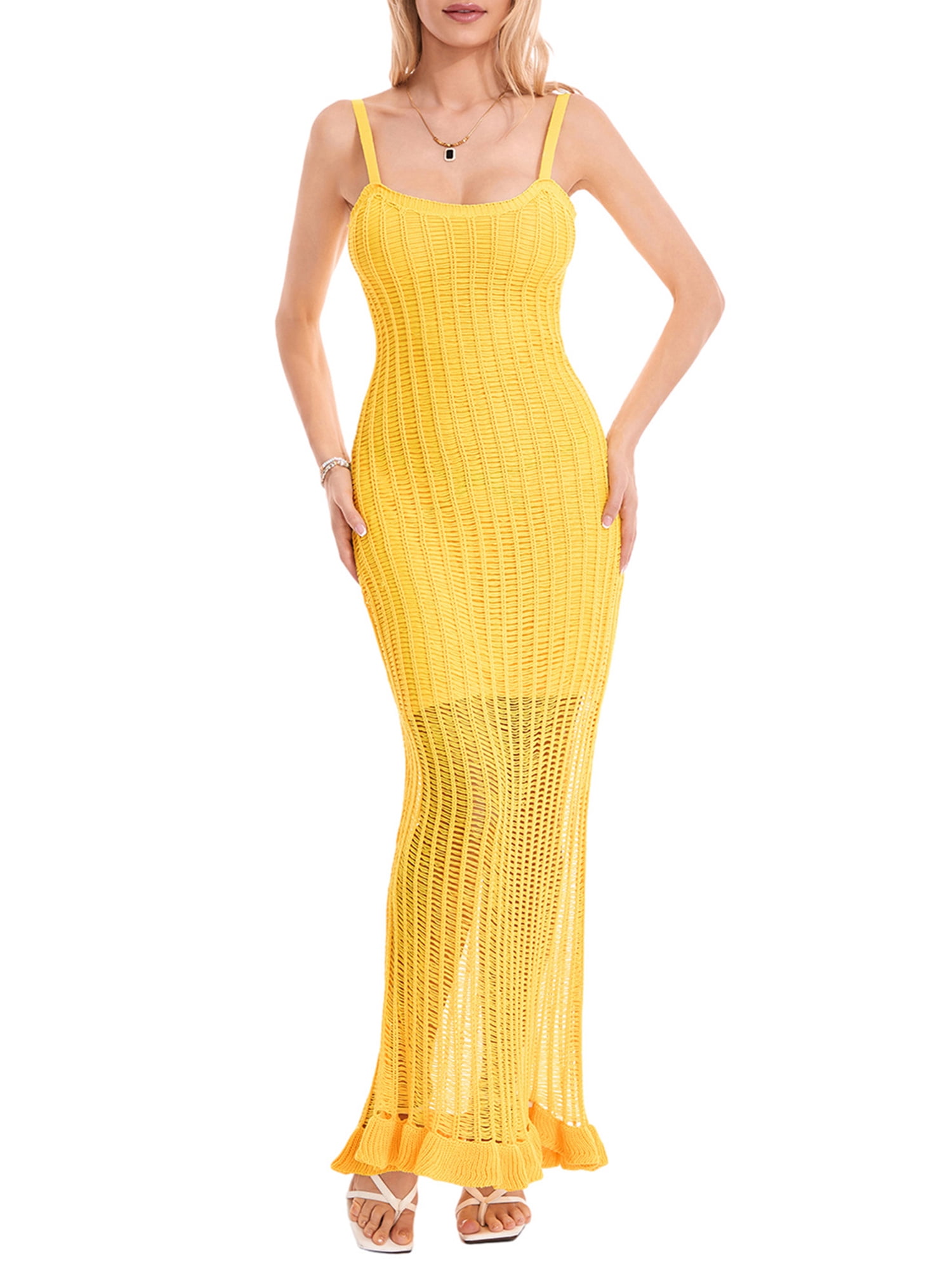 Cenuakty Women's Summer Long Beach Dress Yellow Sleeveless Sheer Mesh ...