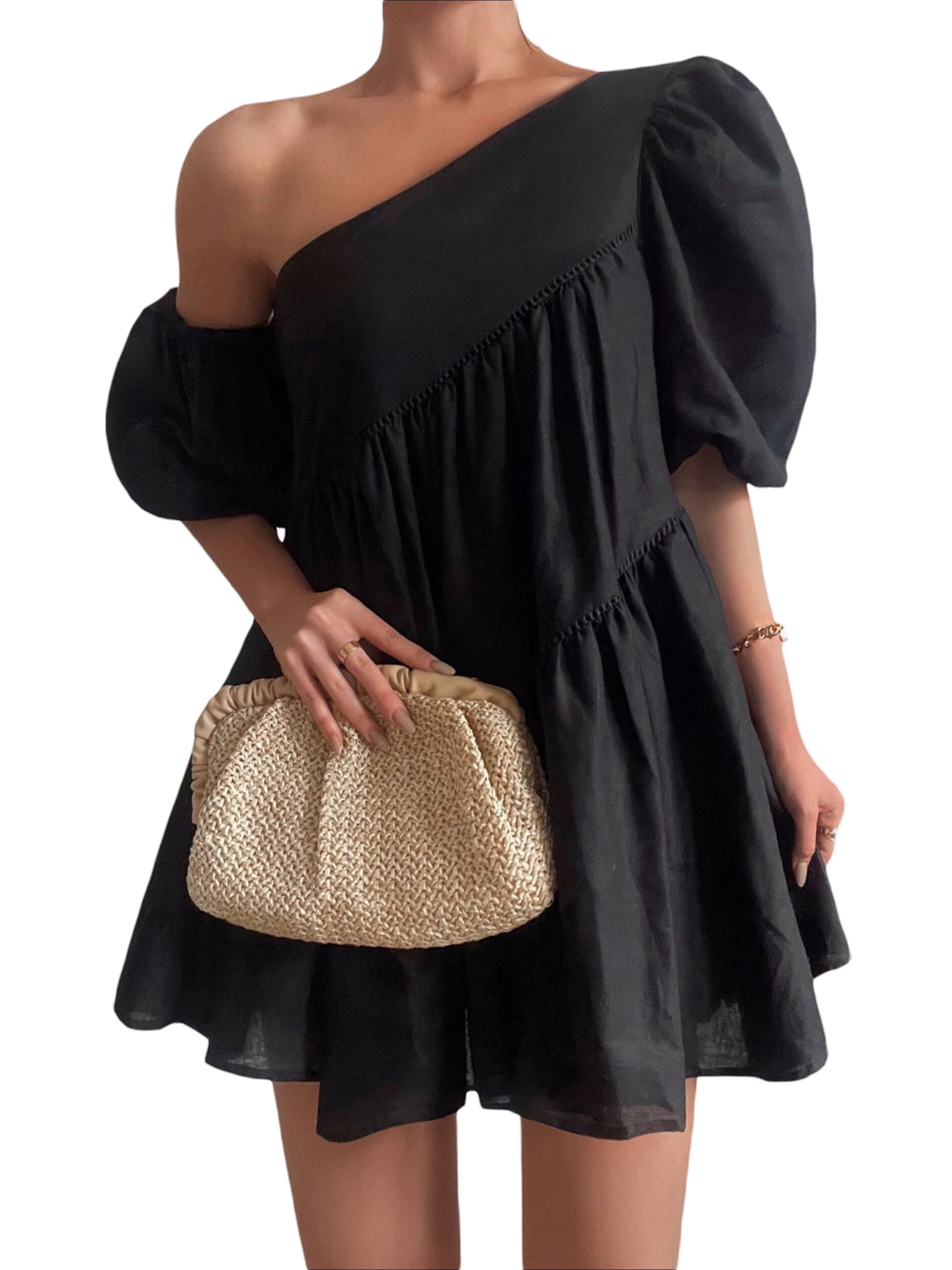 Cenuakty Women's Summer Mini Dress Casual Short Puff Sleeve Solid Color ...