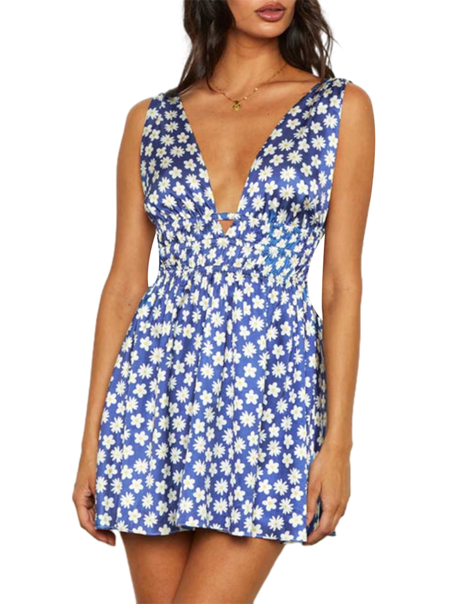 Cenuakty Women's Summer Mini Dress Sleeveless Deep V Neck Floral Print ...