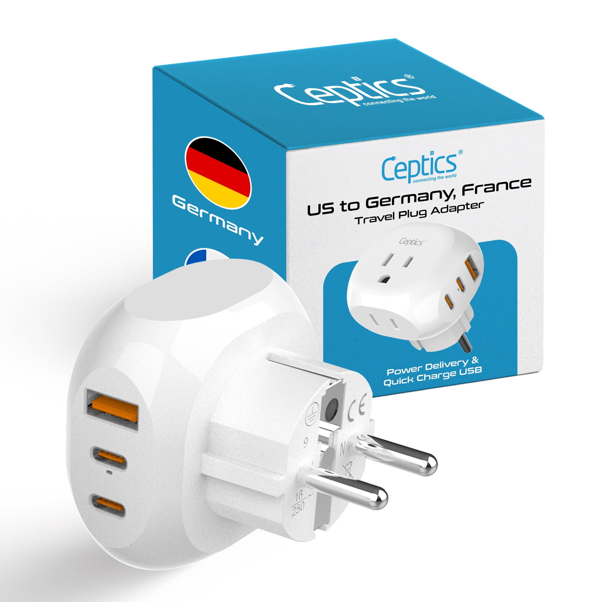 Ceptics European Schuko Travel Adapter - 5 Input with 20W PD-QC 3.1A ...