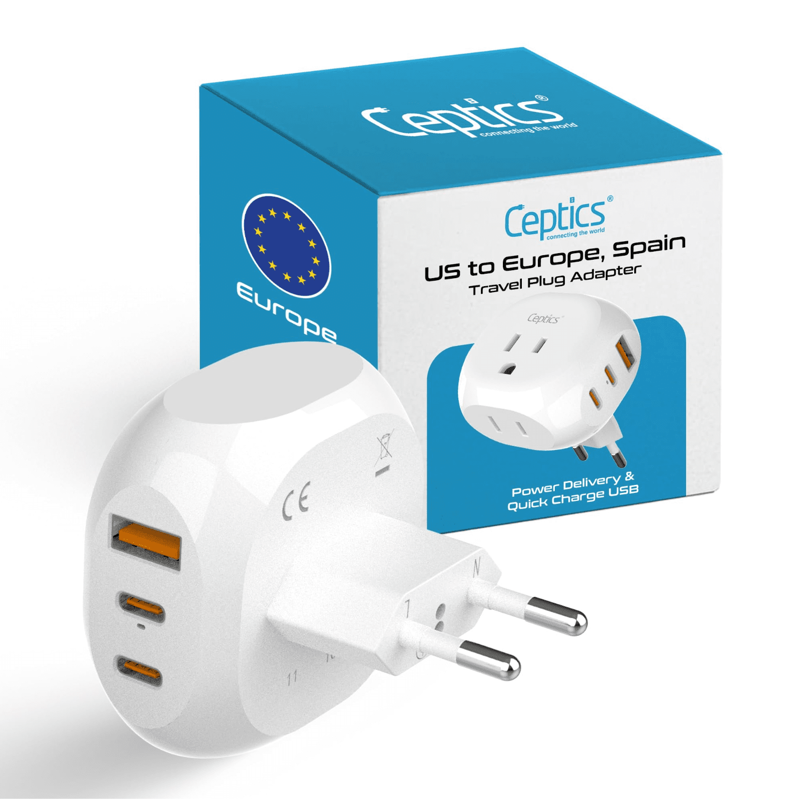 Ceptics European Travel Plug Adapter - 5 Input with 20W PD-QC 3.1A Dual ...