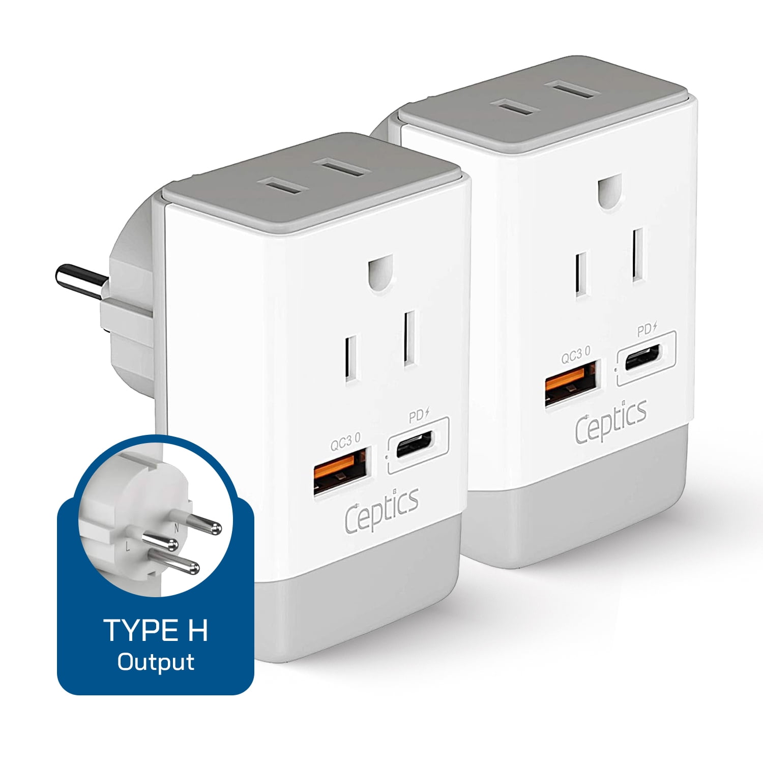 Ceptics Israel Travel Adapter 2 Pack Set, QC 3.0 & PD, Safe Dual USB ...