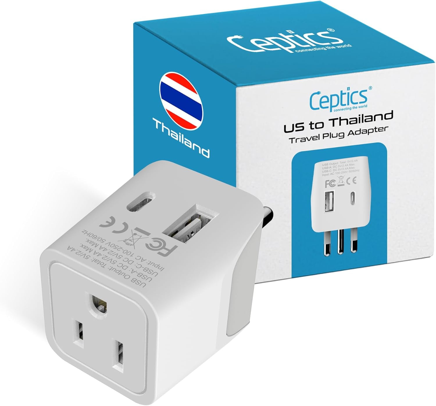 Ceptics Thailand Travel Plug Adapter – Type O Power Adapter with USB-C ...