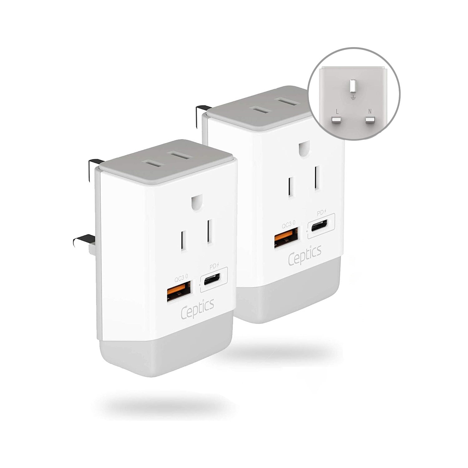 Ceptics UK Ireland Power Plug Adapter 2 Pack Set, QC 3.0 & PD, Safe ...