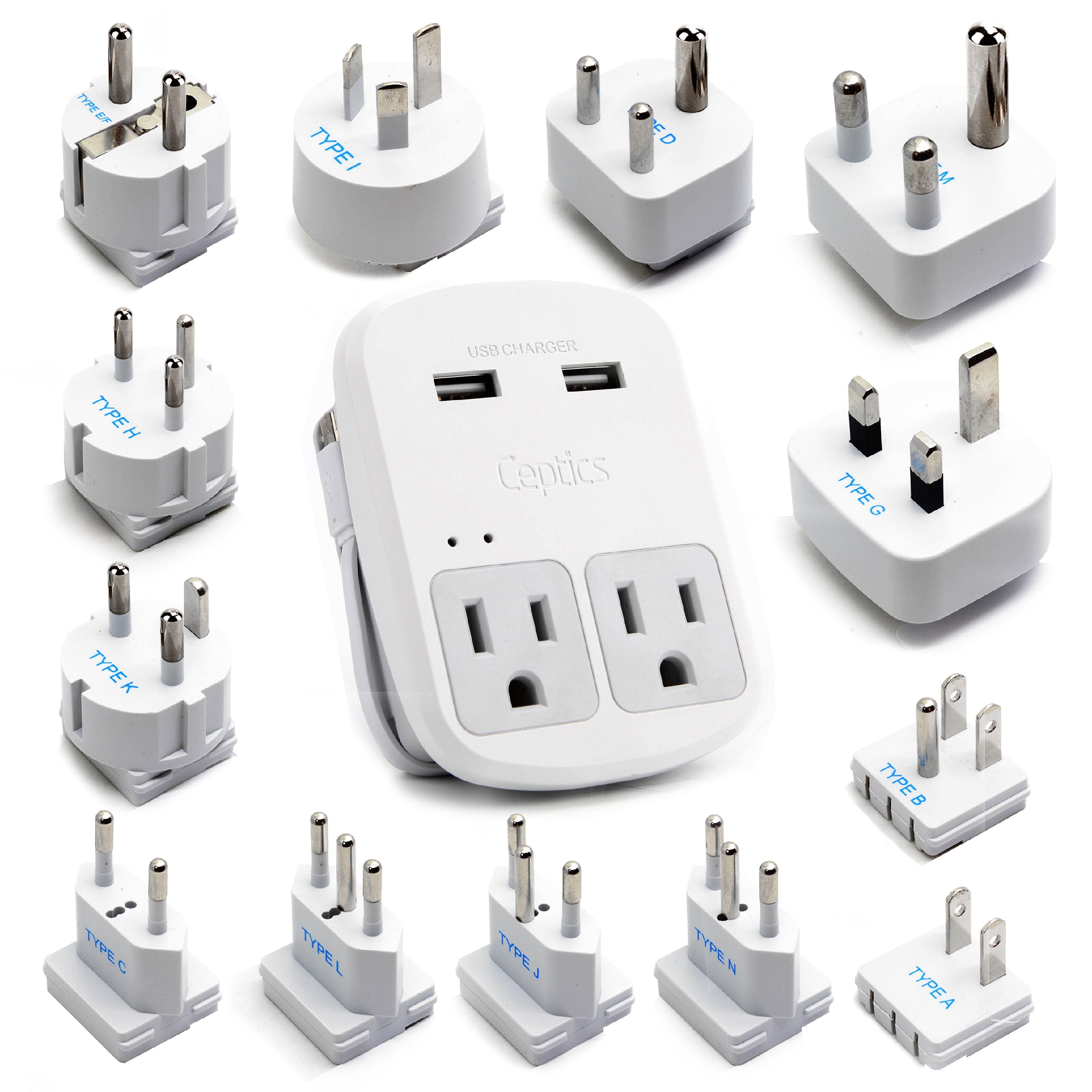 Ceptics World Travel Adapter Kit - 2 USB + 2 US Outlets, Surge ...