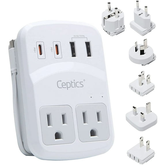 Ceptics World Travel Adapter Kit 2 USB-A, USB-C US Outlets, 20W/QC 18W ...