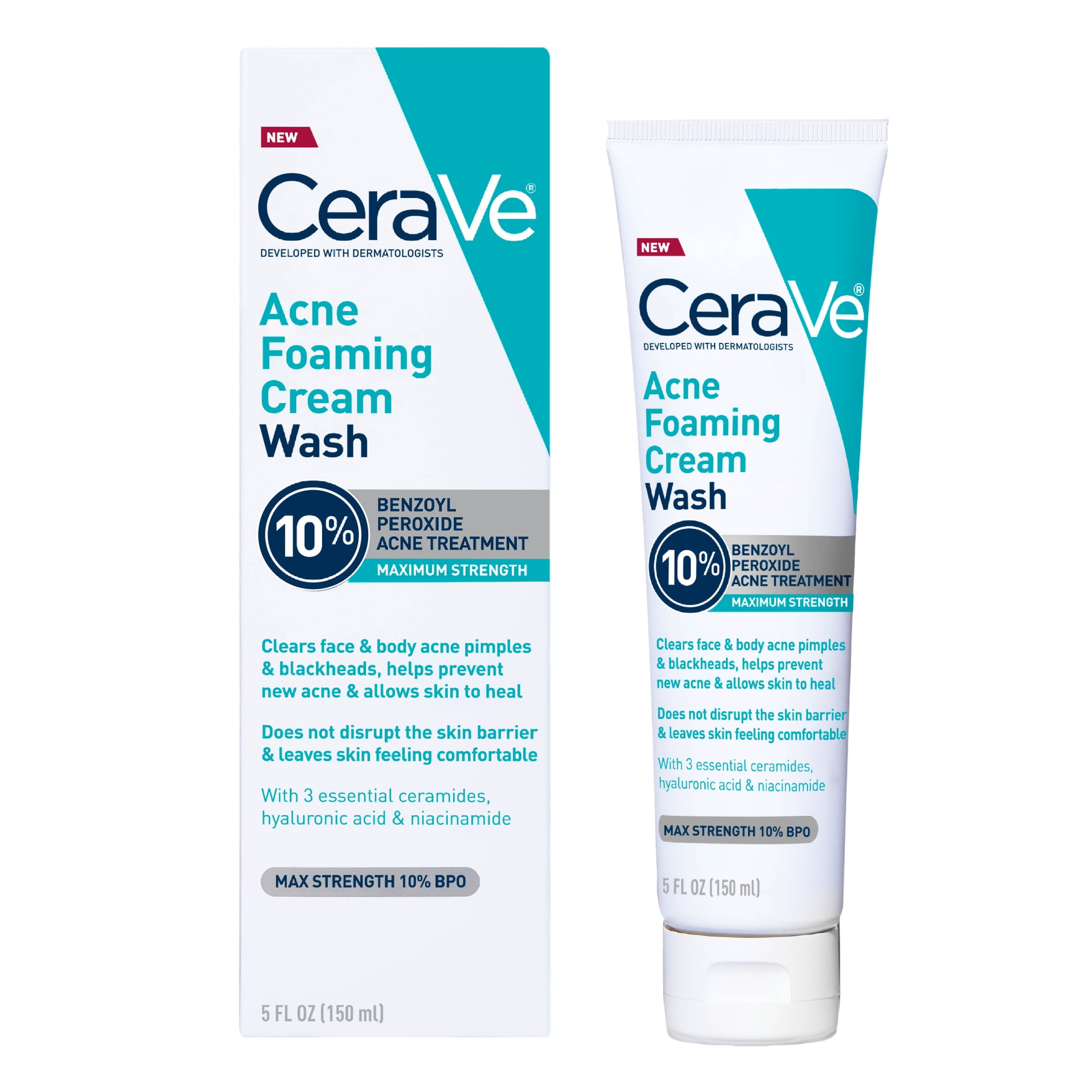 CeraVe Acne Foaming Cream Wash with 10% Benzoyl Peroxide for Face ...