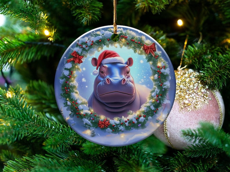 Ceramic 2D Print Christmas Ornament Christmas Hippo Ornament Gift ...